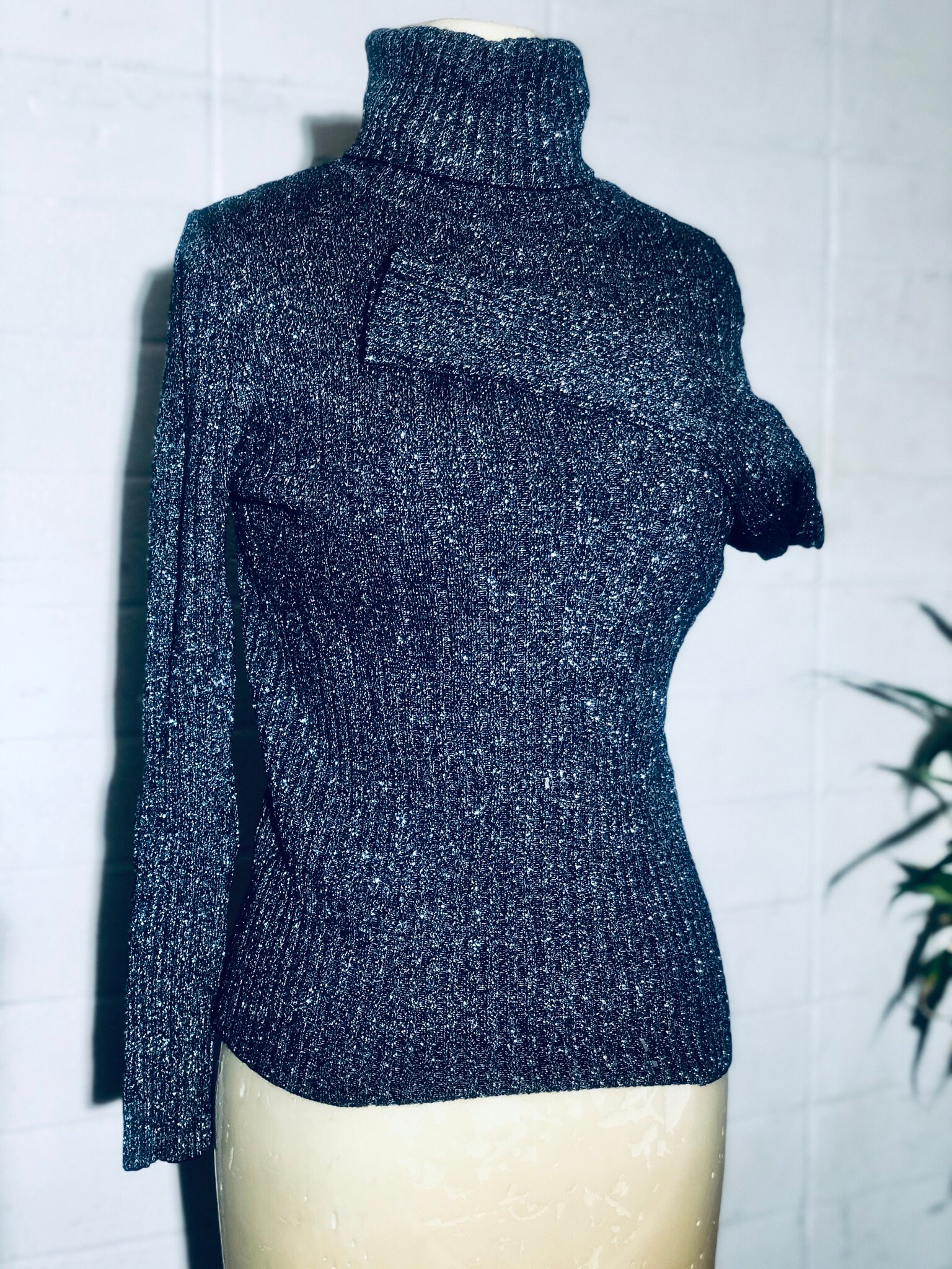 Metallic Silver Knit Turtleneck Shiny Long Sleeve Pullover / Streetwear ...