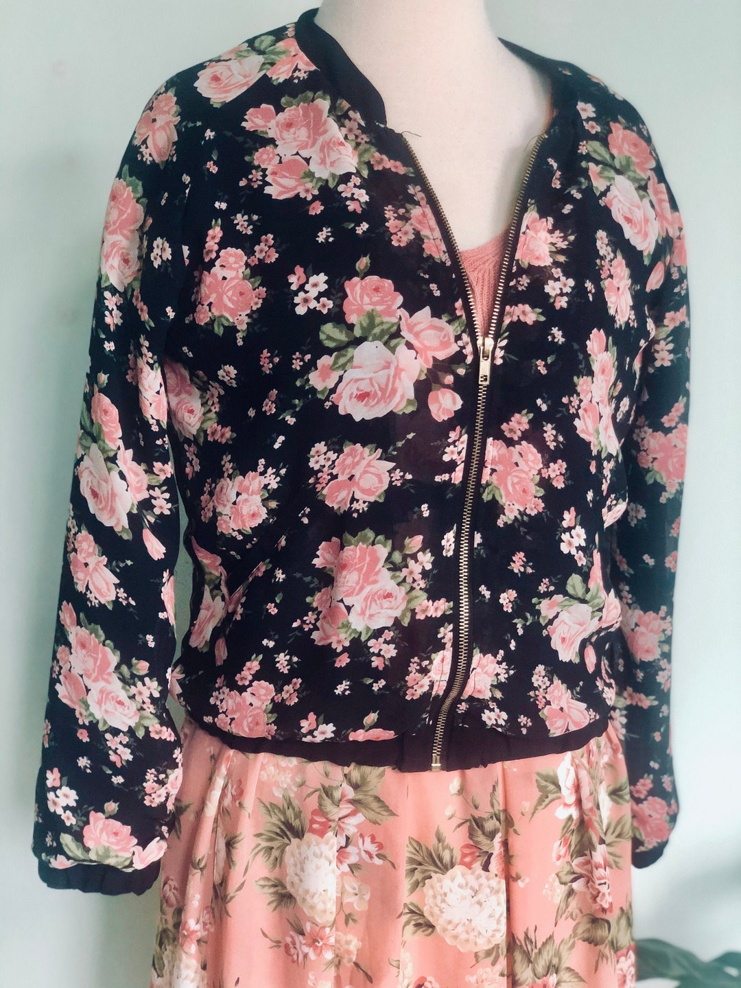 Chiffon Crop Jacket Roses Sheer Black Underlay / Zipper / Lite Weight ...
