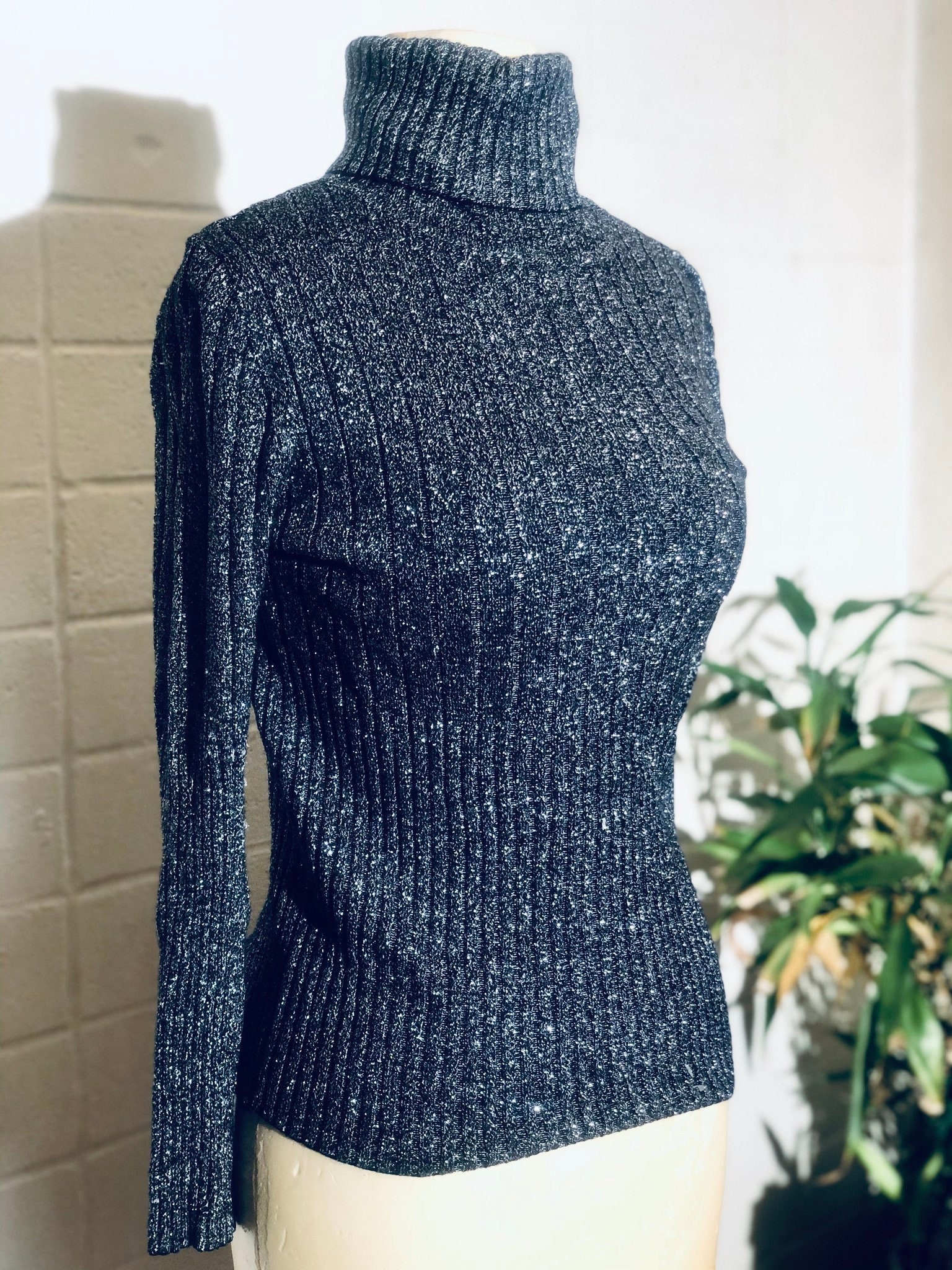 Metallic Silver Knit Turtleneck Shiny Long Sleeve Pullover / Streetwear ...