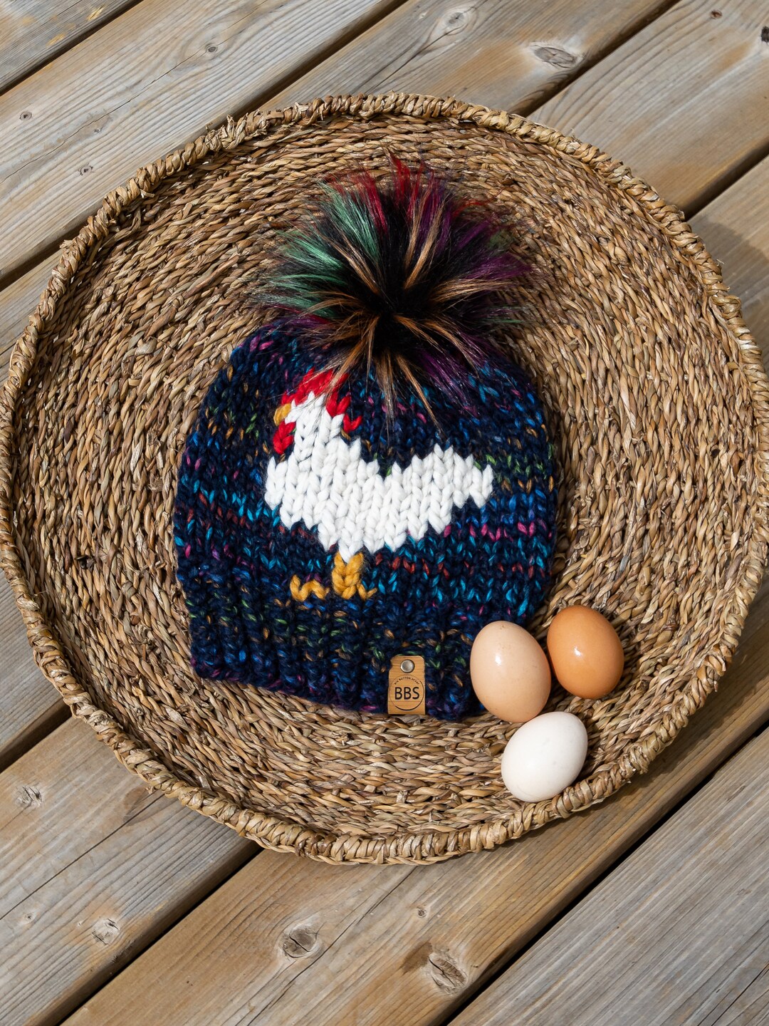 Chicken Beanie in City Lights With Detachable 7 Faux Fur Pom Pom womens ...