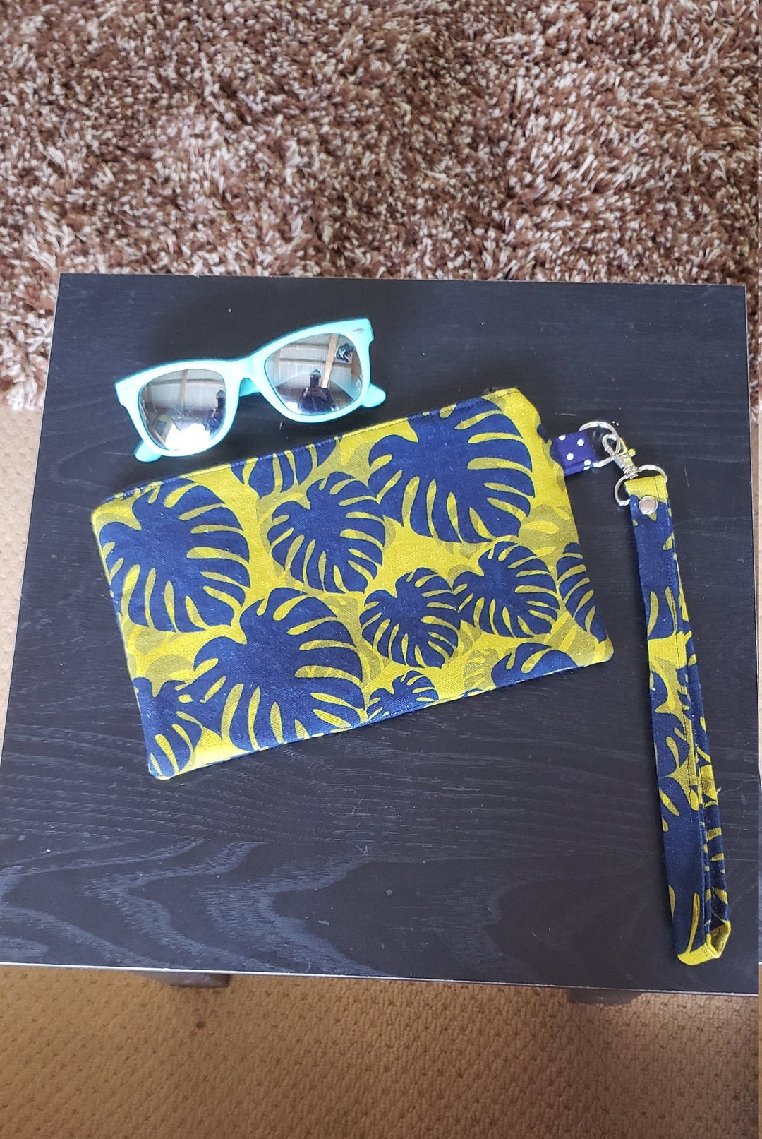 Blue Mustard Monstera Leaves Zipper Bag Wristlet - Etsy