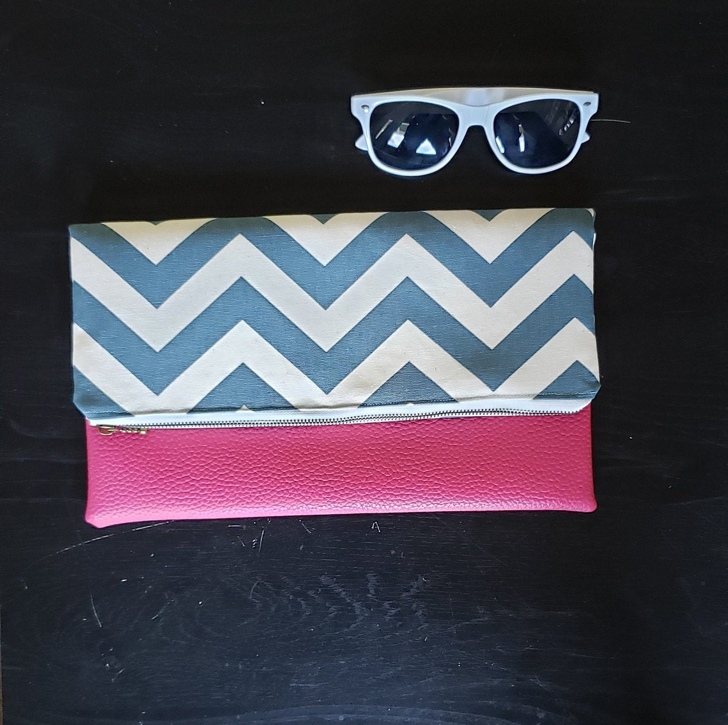 Fuchsia Faux Leather Folded Zipper Clutch W/ Canvas Zigzag & | Etsy