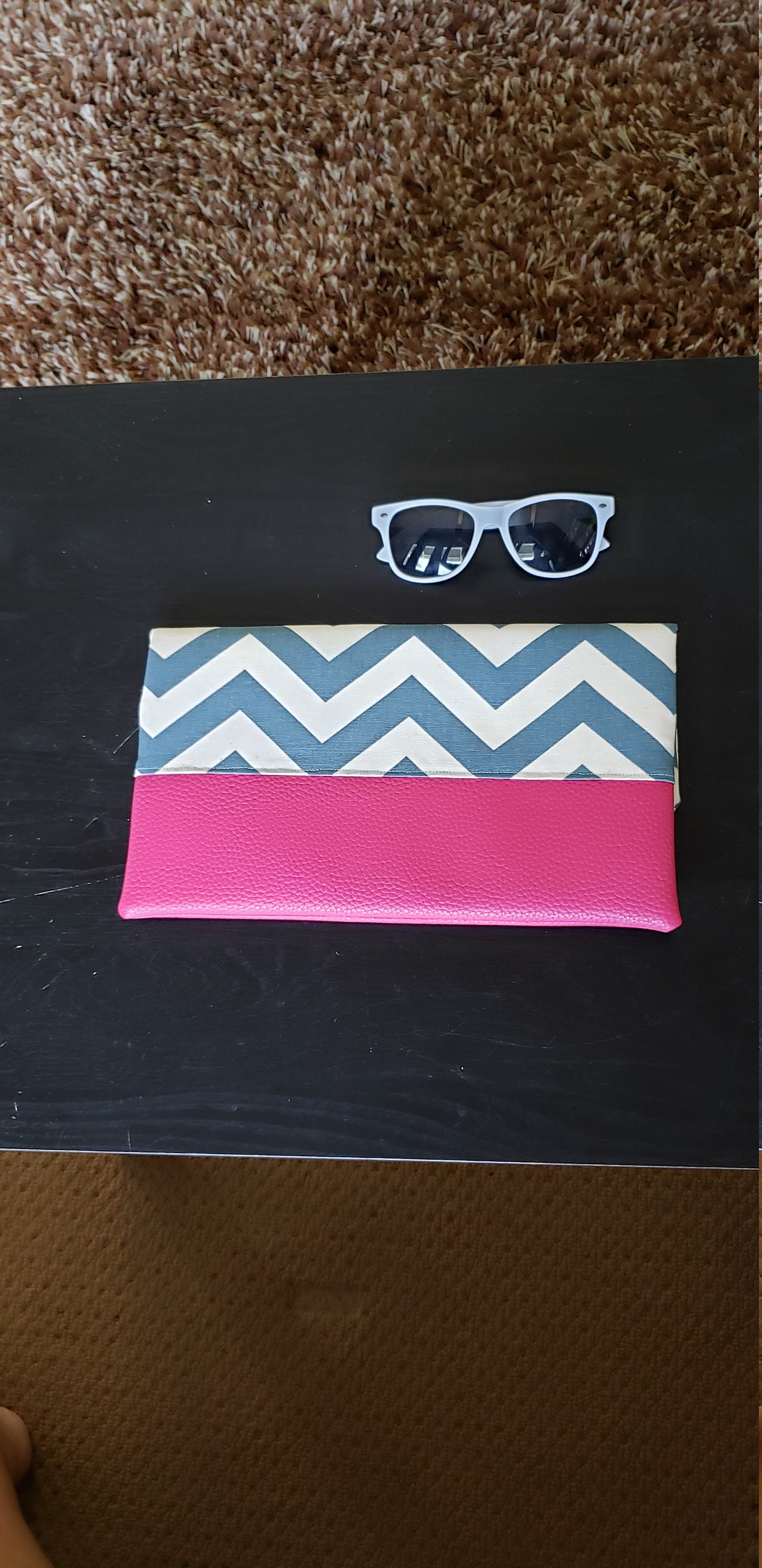Fuchsia Faux Leather Folded Zipper Clutch W/ Canvas Zigzag & | Etsy