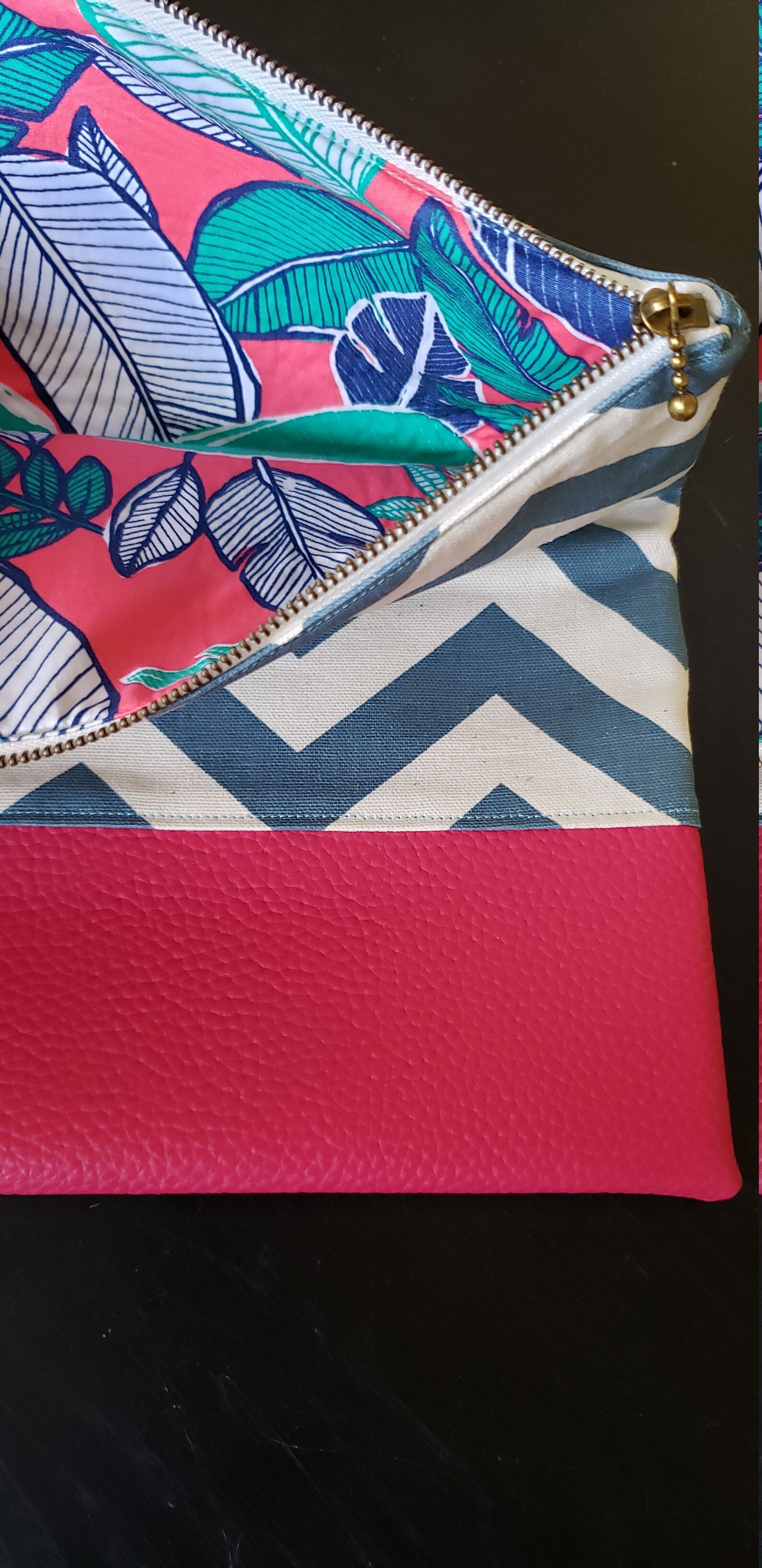 Fuchsia Faux Leather Folded Zipper Clutch W/ Canvas Zigzag & | Etsy