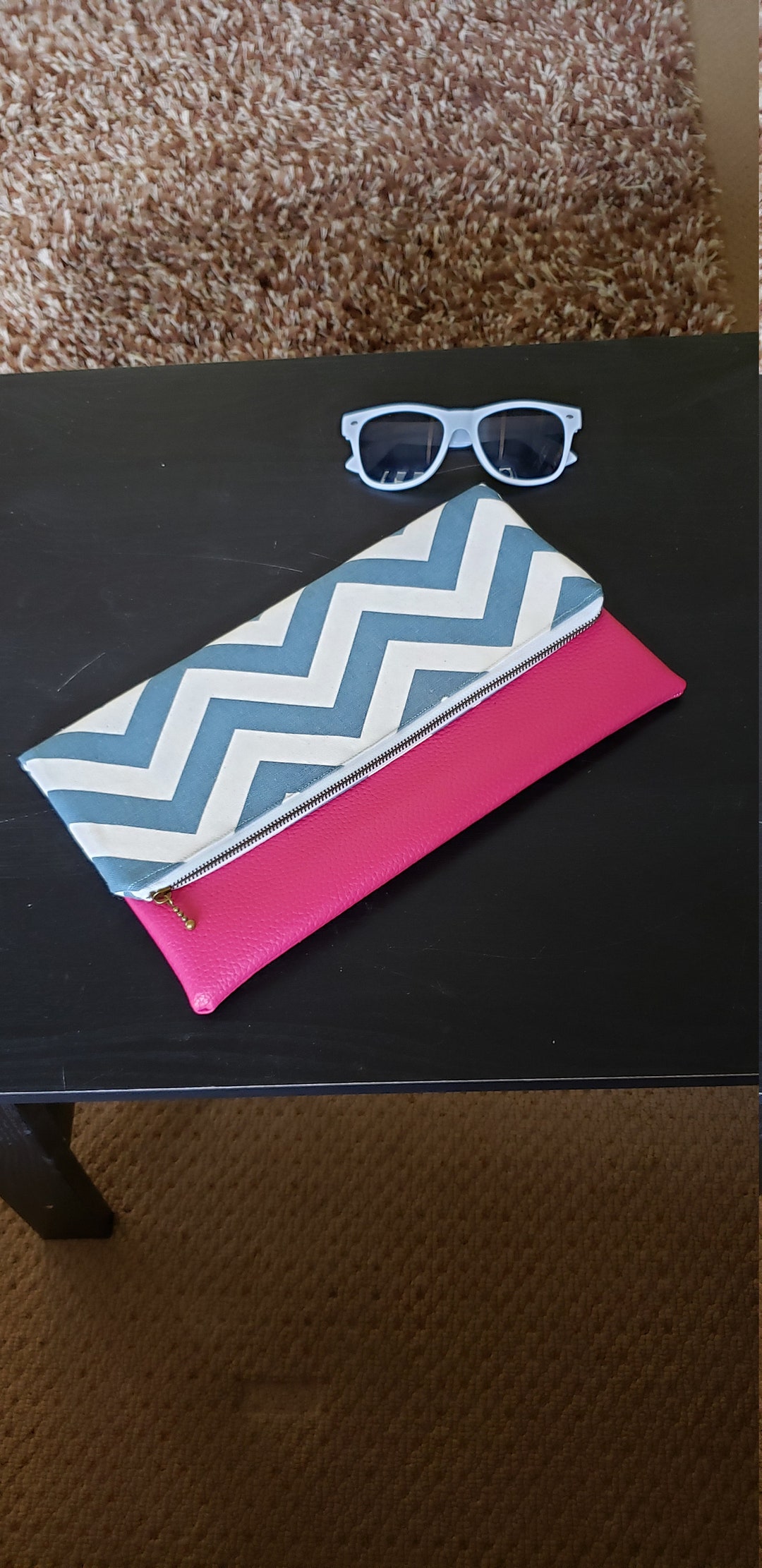 Fuchsia Faux Leather Folded Zipper Clutch W/ Canvas Zigzag & Mint ...