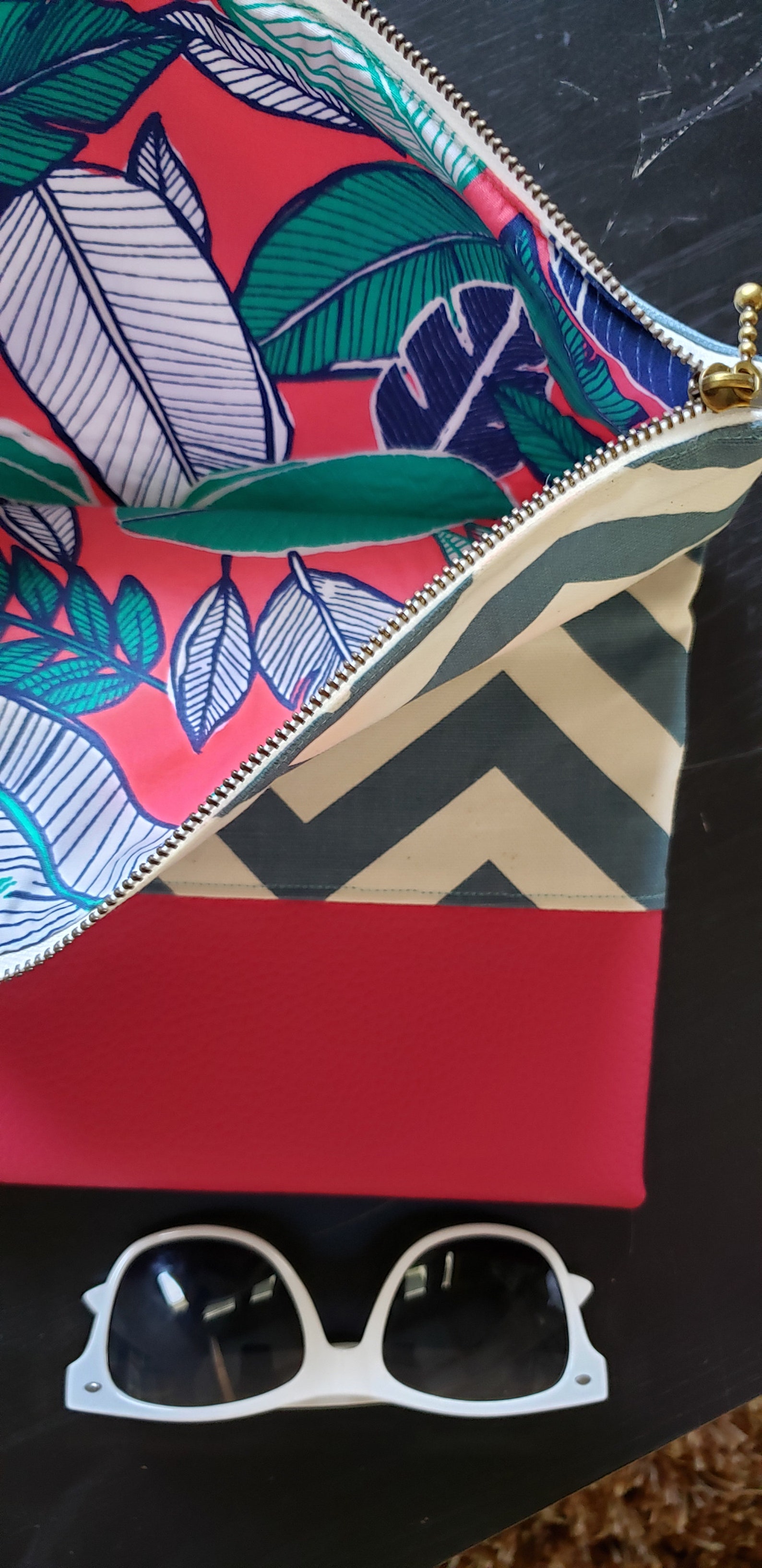 Fuchsia Faux Leather Folded Zipper Clutch W/ Canvas Zigzag & - Etsy