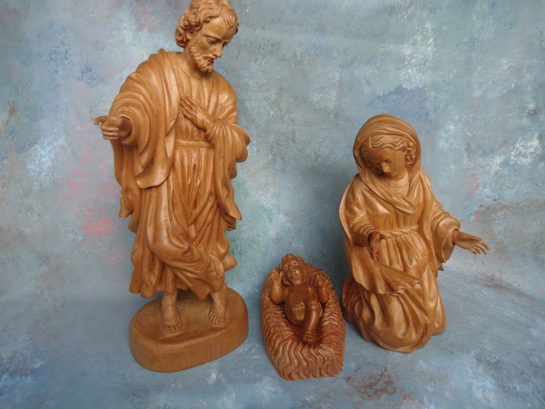 Hand Carved Wood Nativity Scene Holy Family Christmas Religious ...