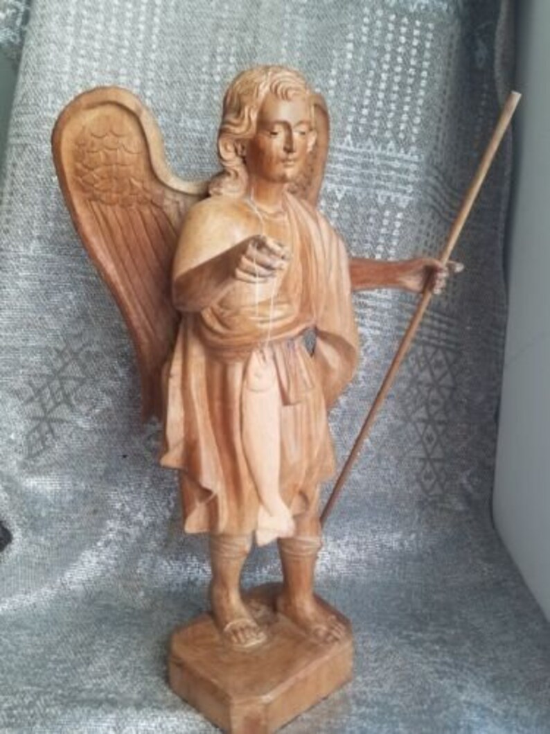 Hand Carved Wood Archangel Saint RAPHAEL SCULPTURE Angel Statue ...