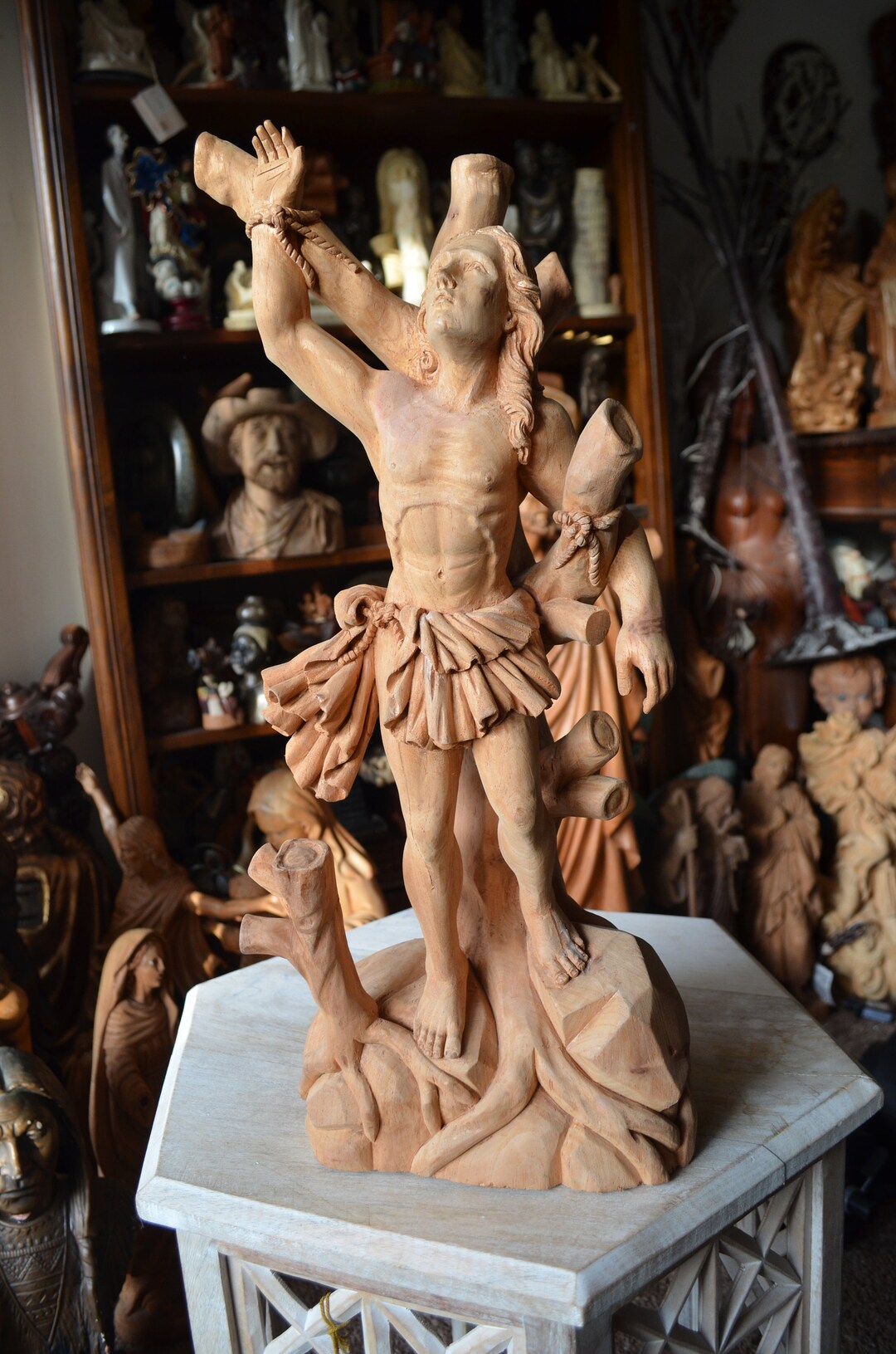 Hand Carved Wood Sculpture Saint Sebastian Statue Figures Religious ...