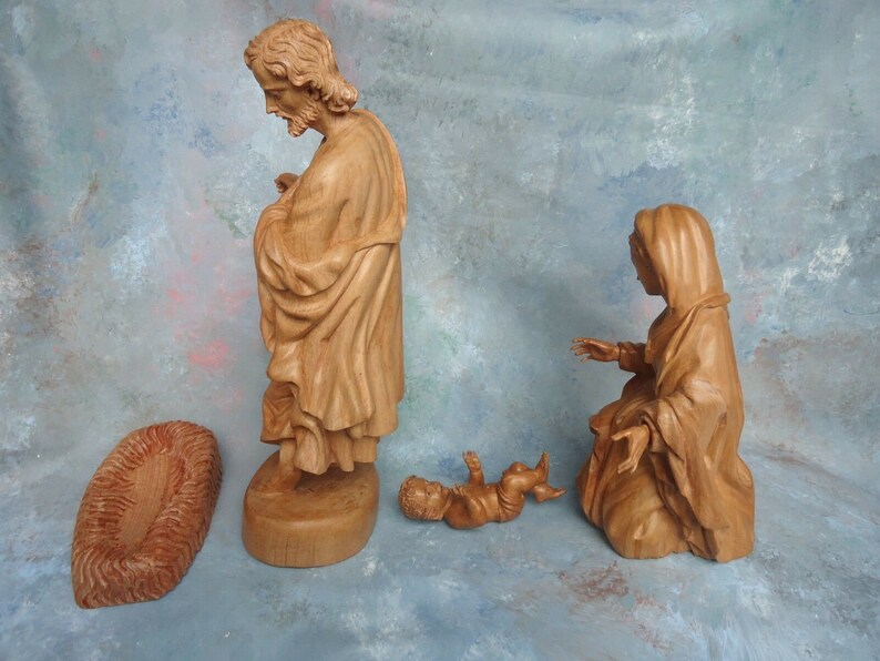Hand Carved Wood Nativity Scene Holy Family Christmas Religious ...