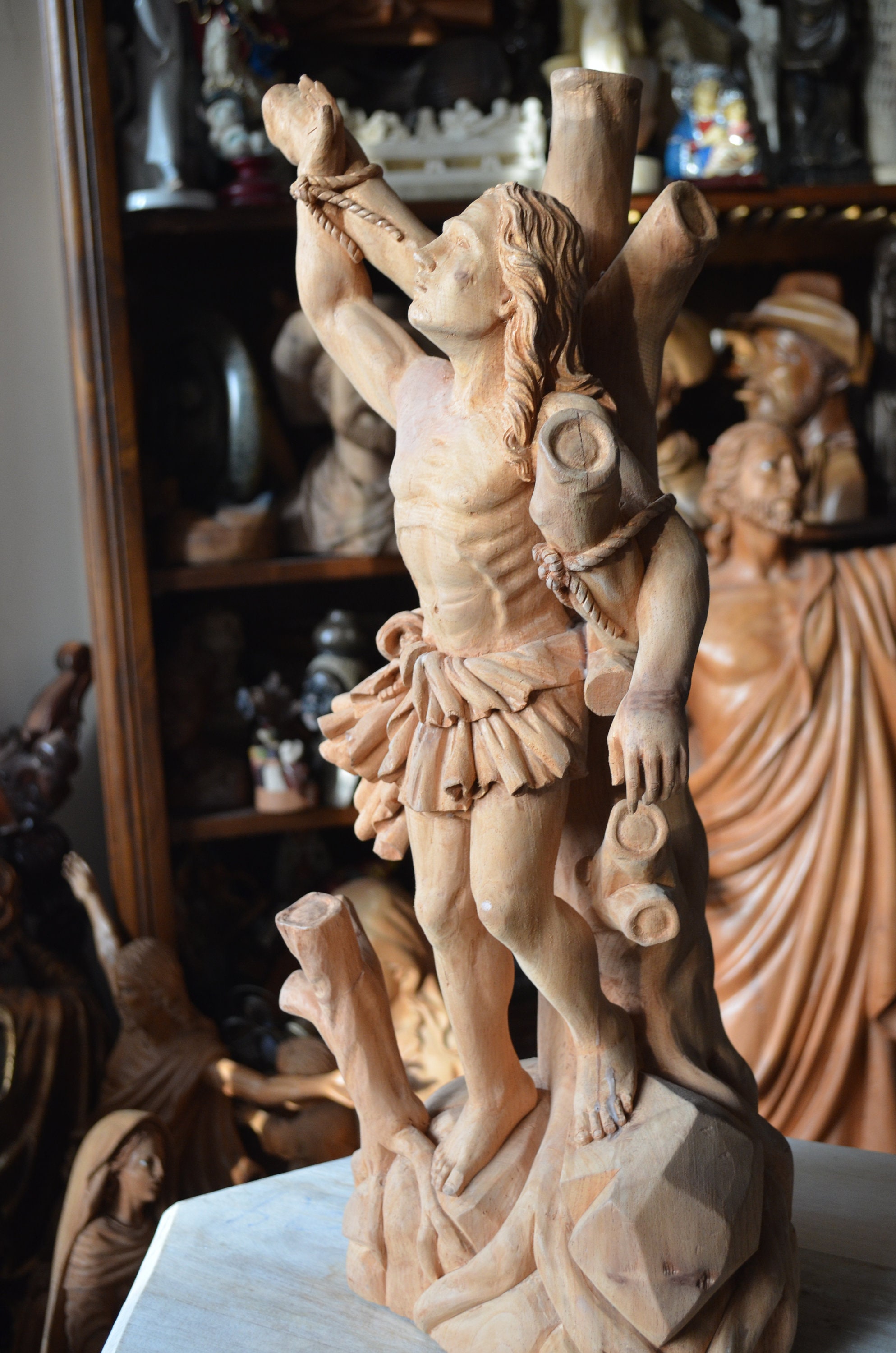 Hand Carved Wood Sculpture Saint Sebastian Statue Figures Religious ...