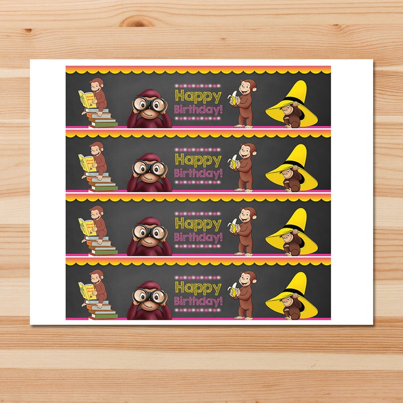 Curious George Birthday Drink Labels Pink Chalkboard Girl | Etsy