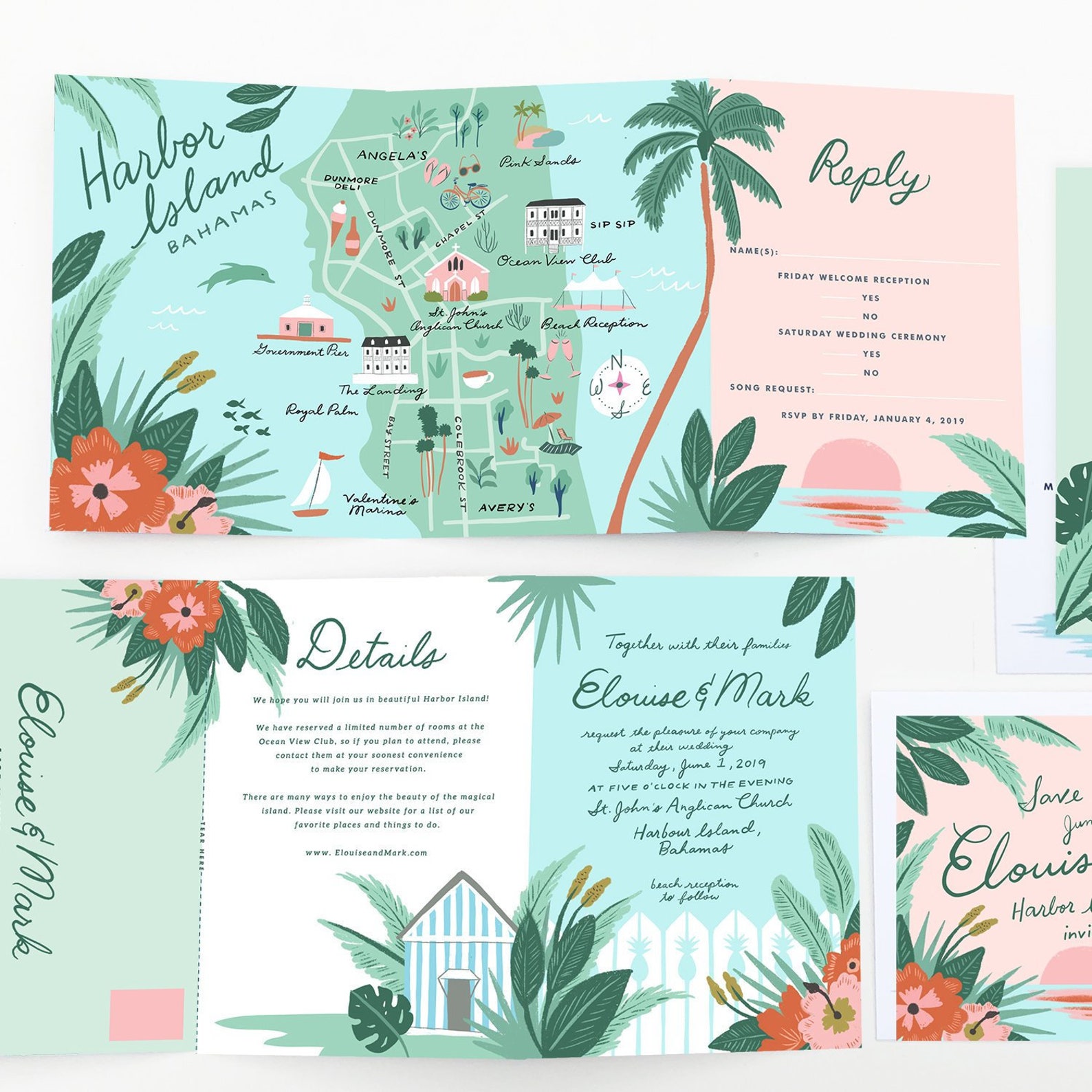Wedding Invitation Map - Tri-fold Invitation - Bahamas - Destination ...