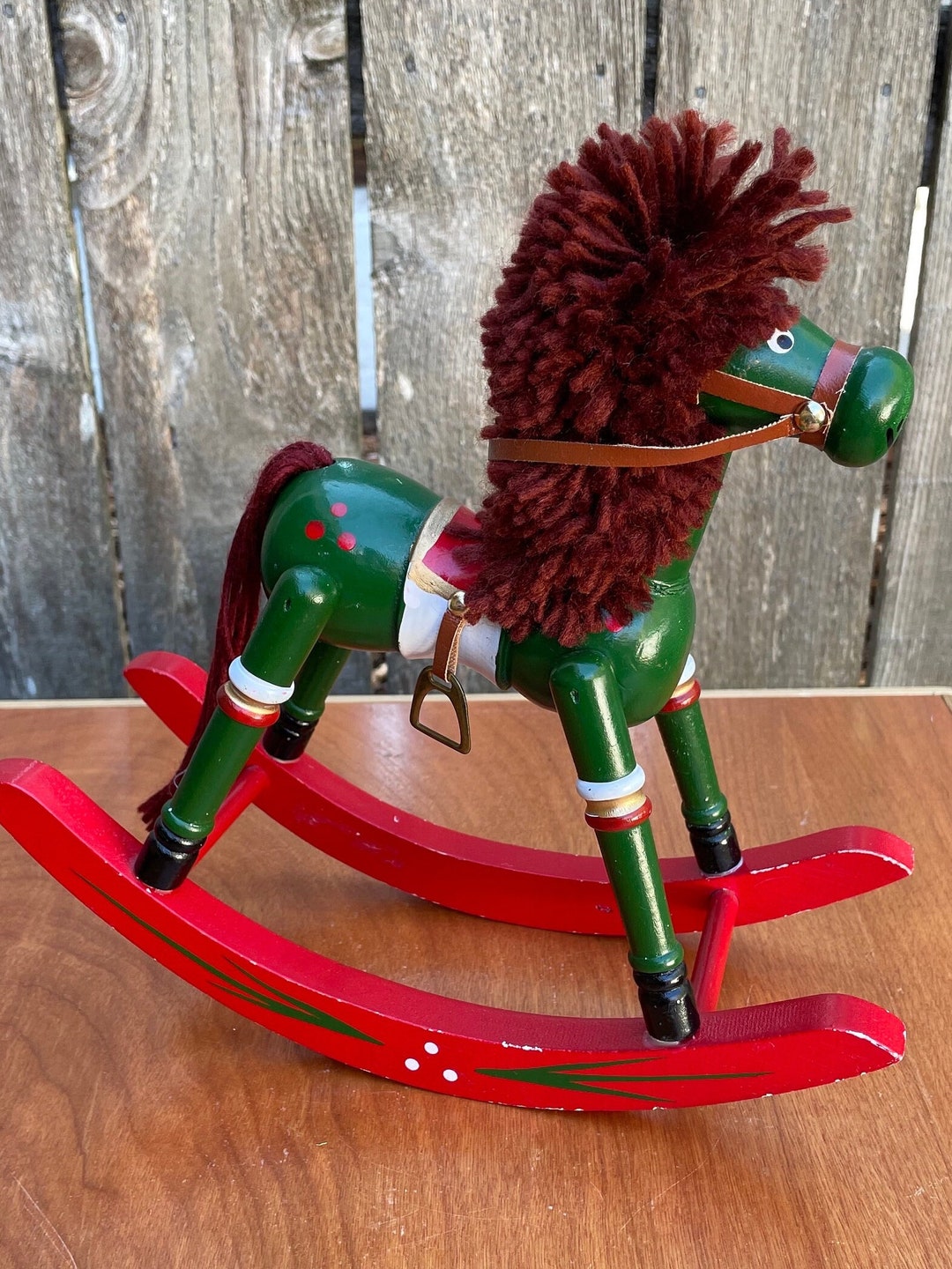 Vintage Christmas Rocking Horse, Hand Painted Wood Horse With Yarn Hair ...