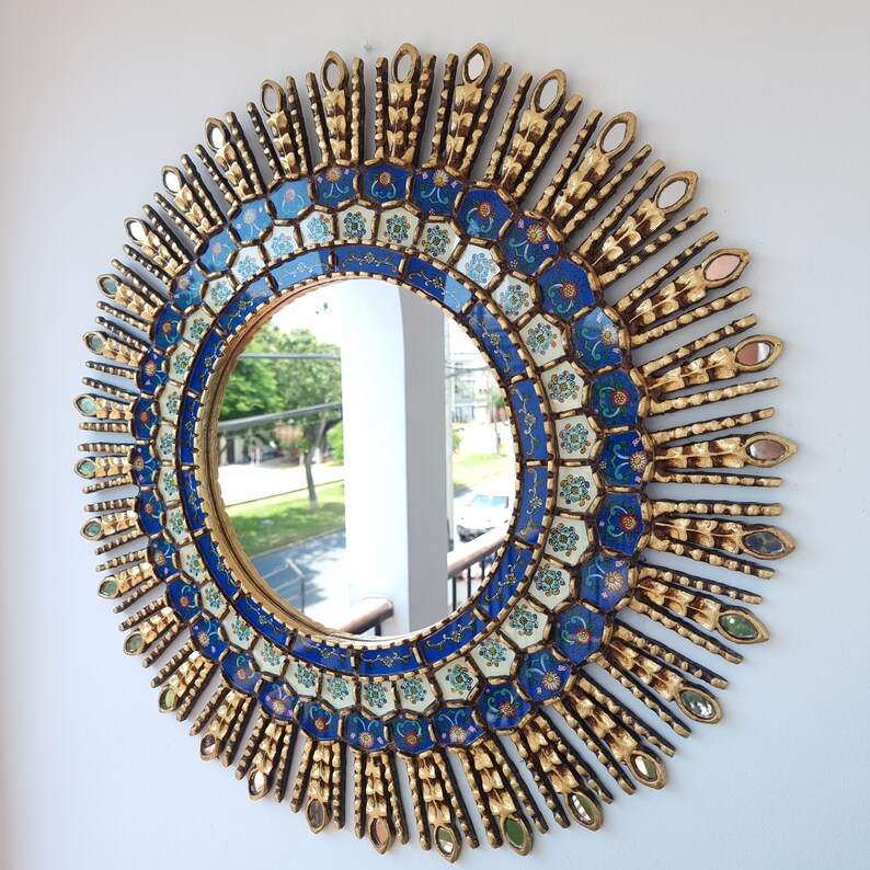 Peruvian Blue Eye Mirror 78 Cm Handmade Wall Decor – Carved Wood Round ...