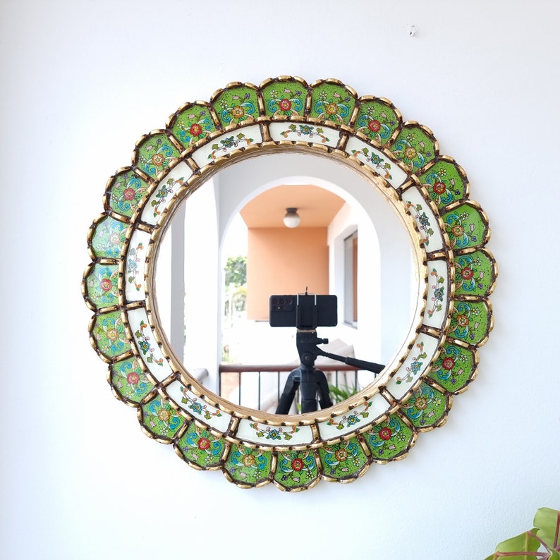 Peruvian Green Harmonious Mirror 50 Cm Handmade Wall Decor – Carved ...
