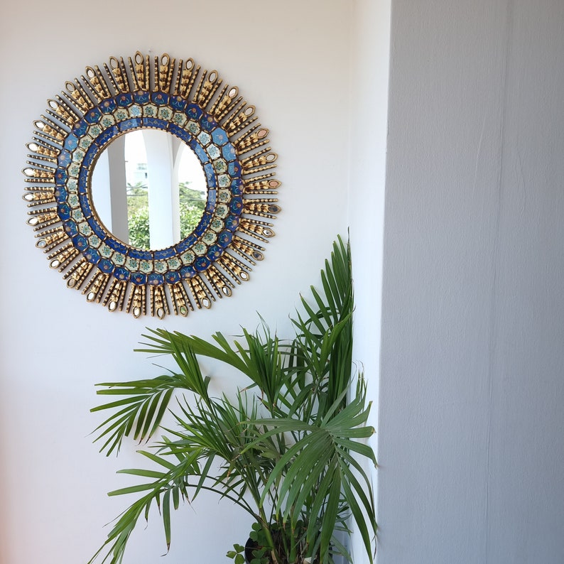 Peruvian Blue Eye Mirror 78 Cm Handmade Wall Decor – Carved Wood Round ...