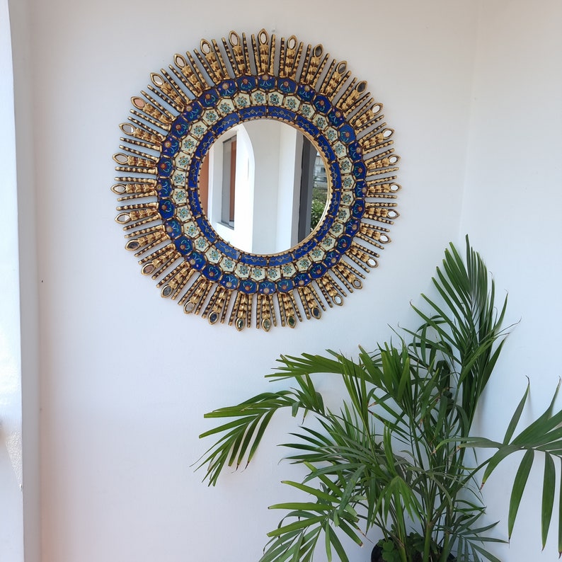 Peruvian Blue Eye Mirror 78 Cm Handmade Wall Decor – Carved Wood Round ...