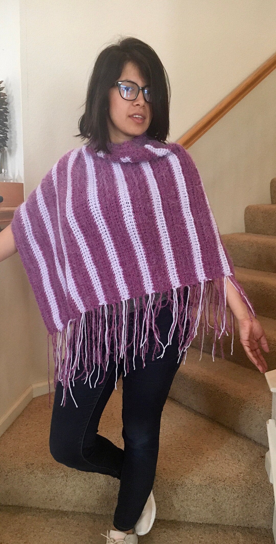 Purple Stripe Poncho Adult Woman's Small-medium Asymmetrical Design ...