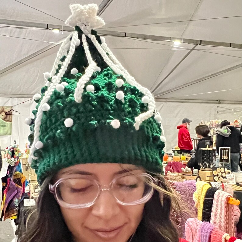 Green Christmas Tree Hat With White Decorations Adult Santa Hat Slouchy ...