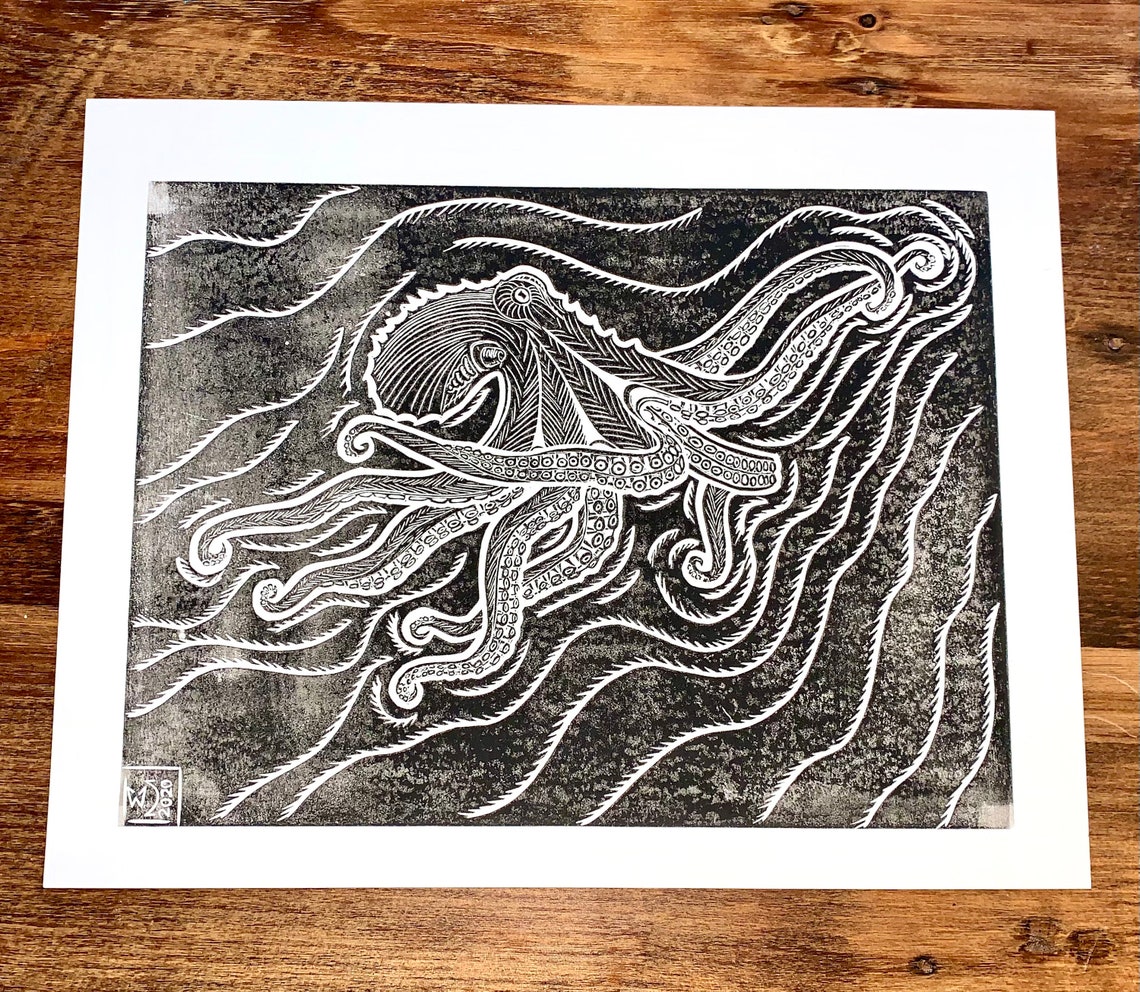 Original Octopus Sea Life Linocut Block Art Print - Etsy