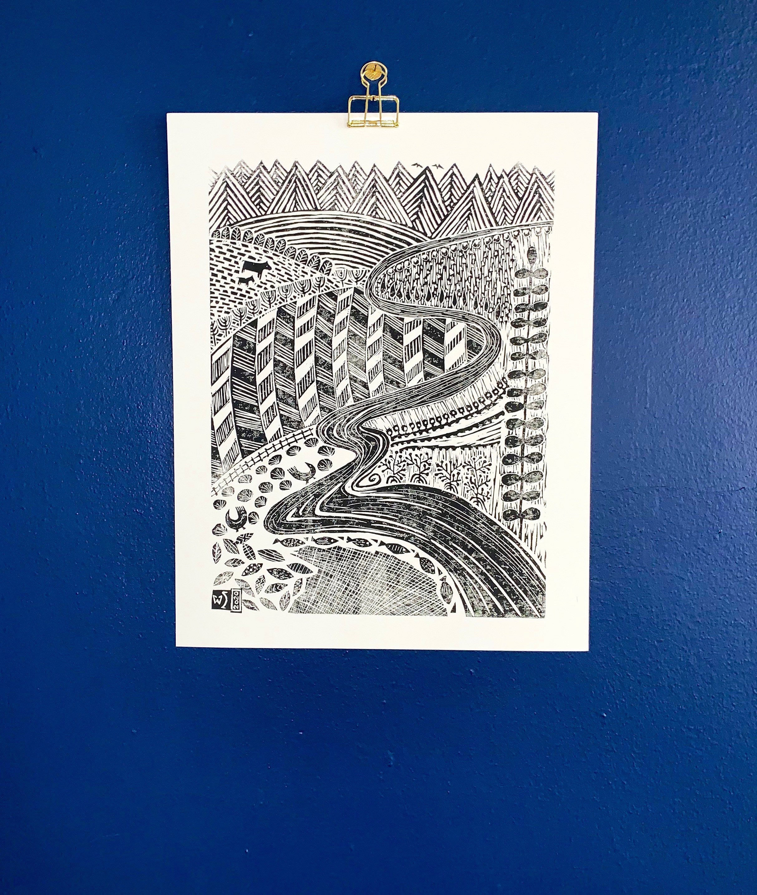 Original Scenic Folk Linocut Block Art Print - Etsy