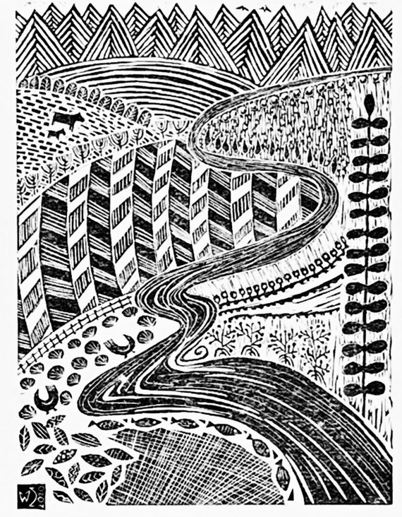 Original Scenic Folk Linocut Block Art Print | Etsy