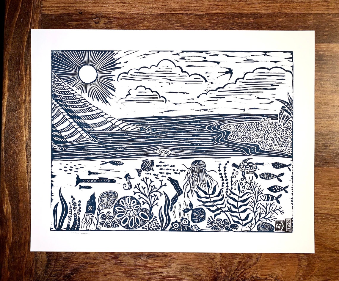 Original Sea life Scenic Linocut block Art Print | Etsy
