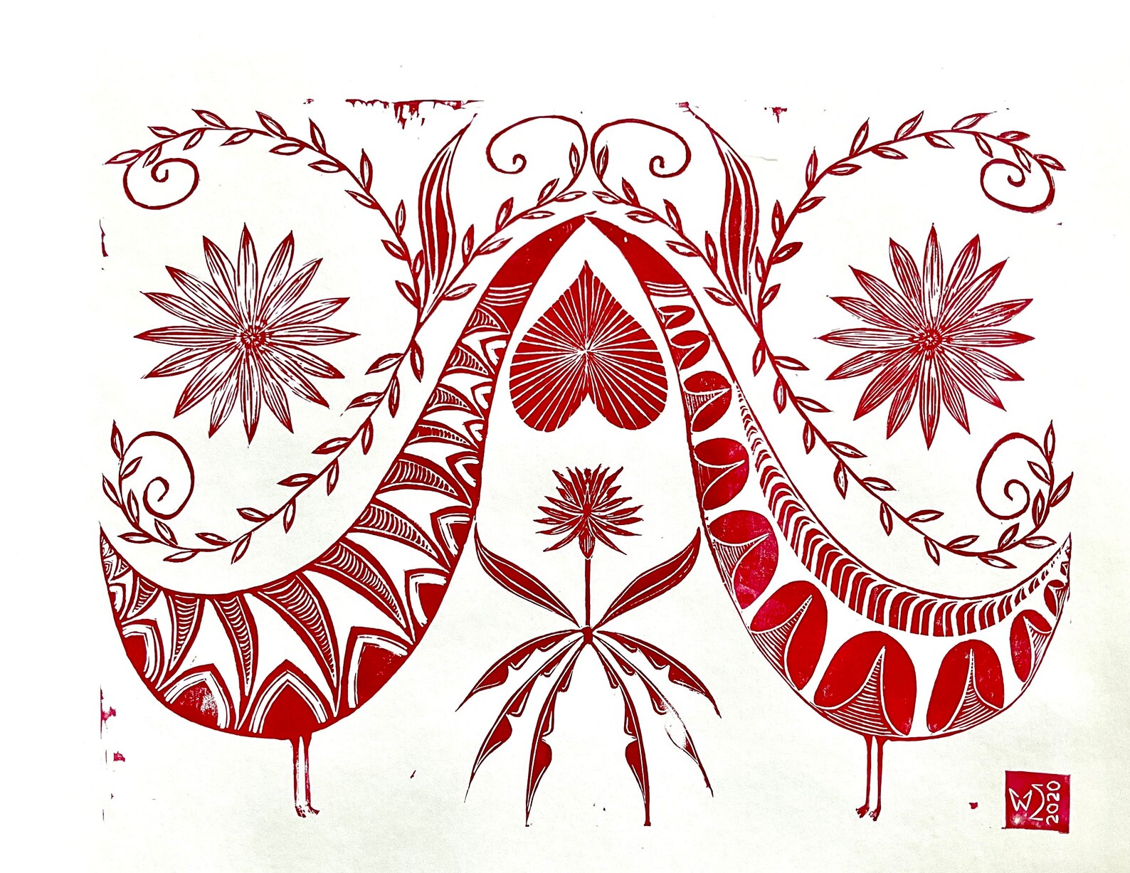 Original Love Birds Folk Linocut Block Art Print - Etsy