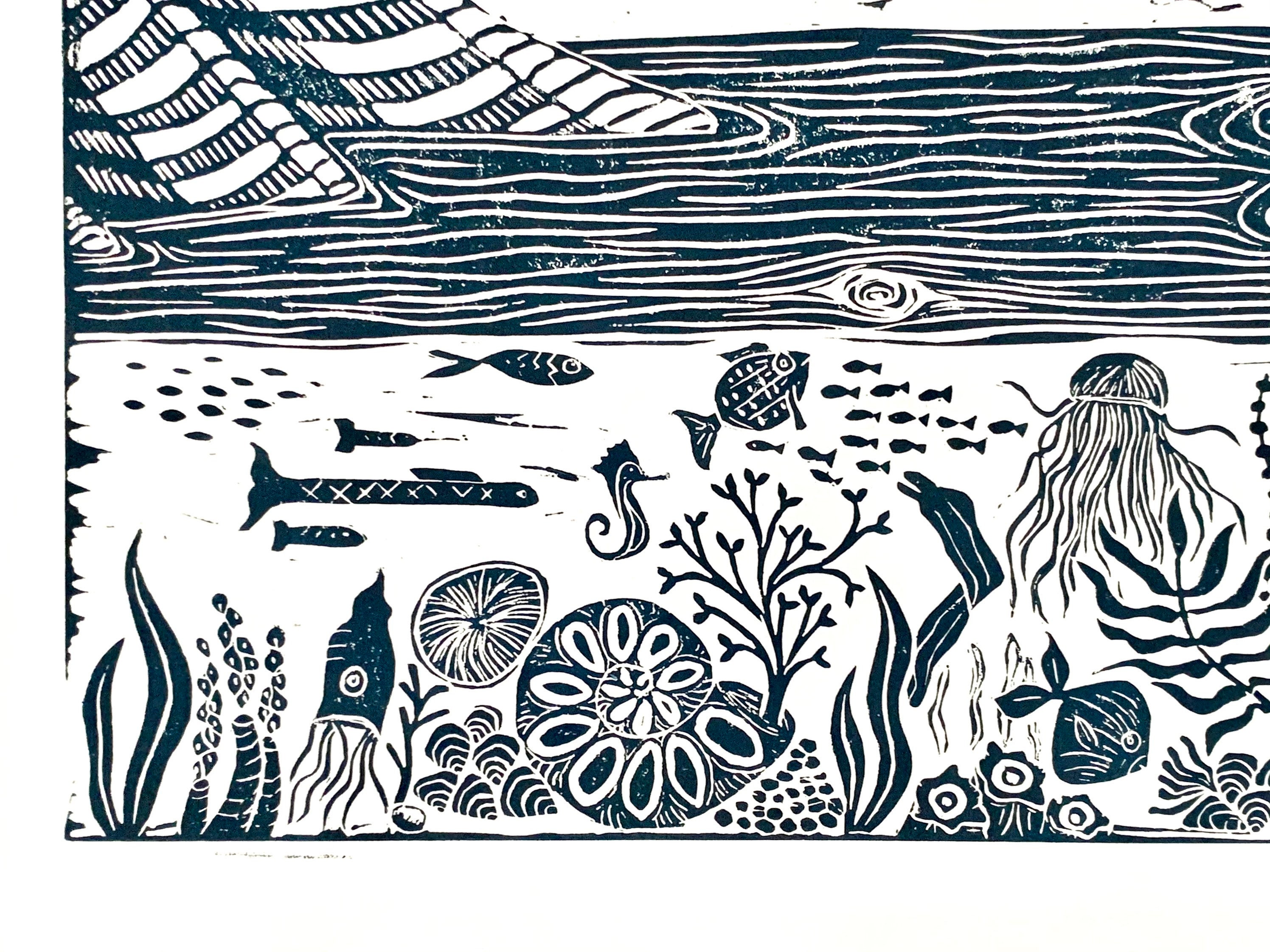 Original Sea life Scenic Linocut block Art Print | Etsy