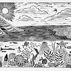 Original Sea Life Scenic Linocut Block Art Print - Etsy Canada