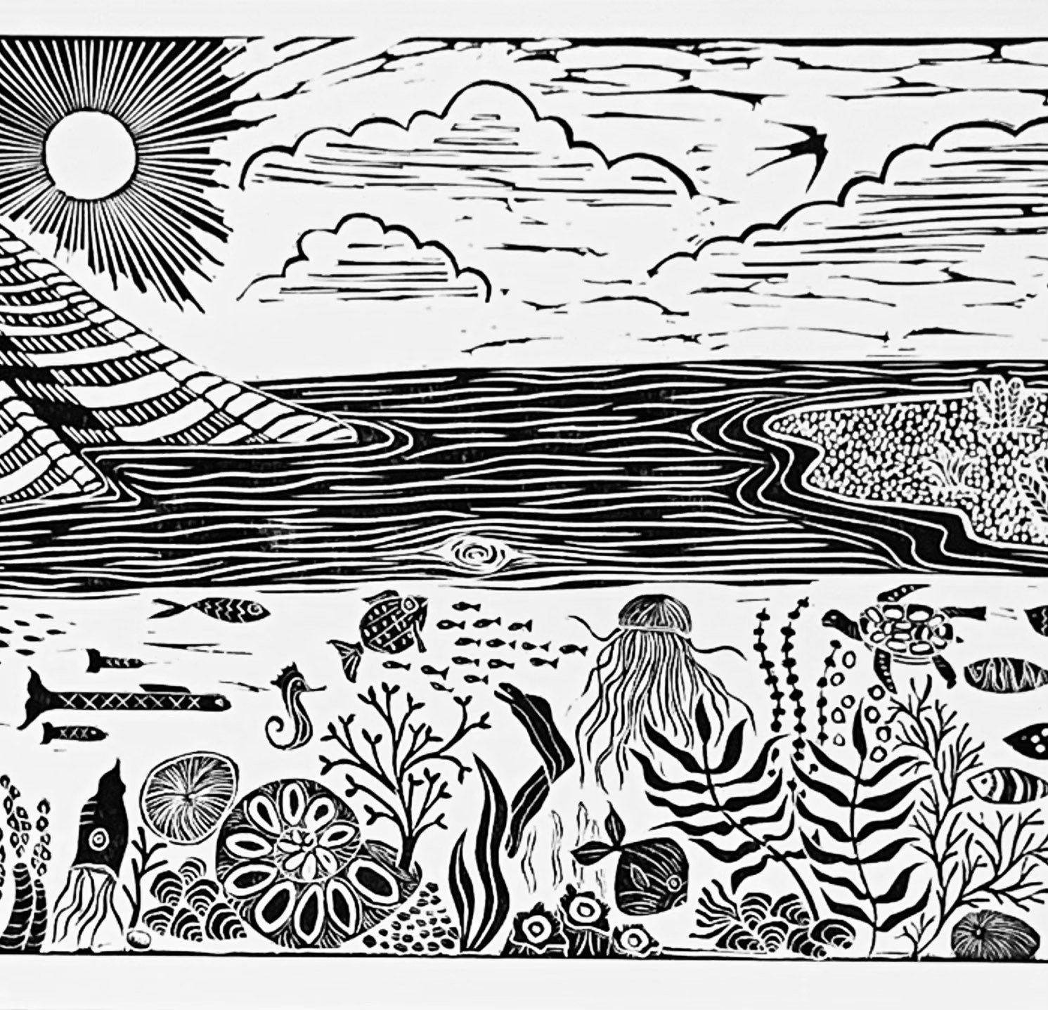 Original Sea Life Scenic Linocut Block Art Print - Etsy