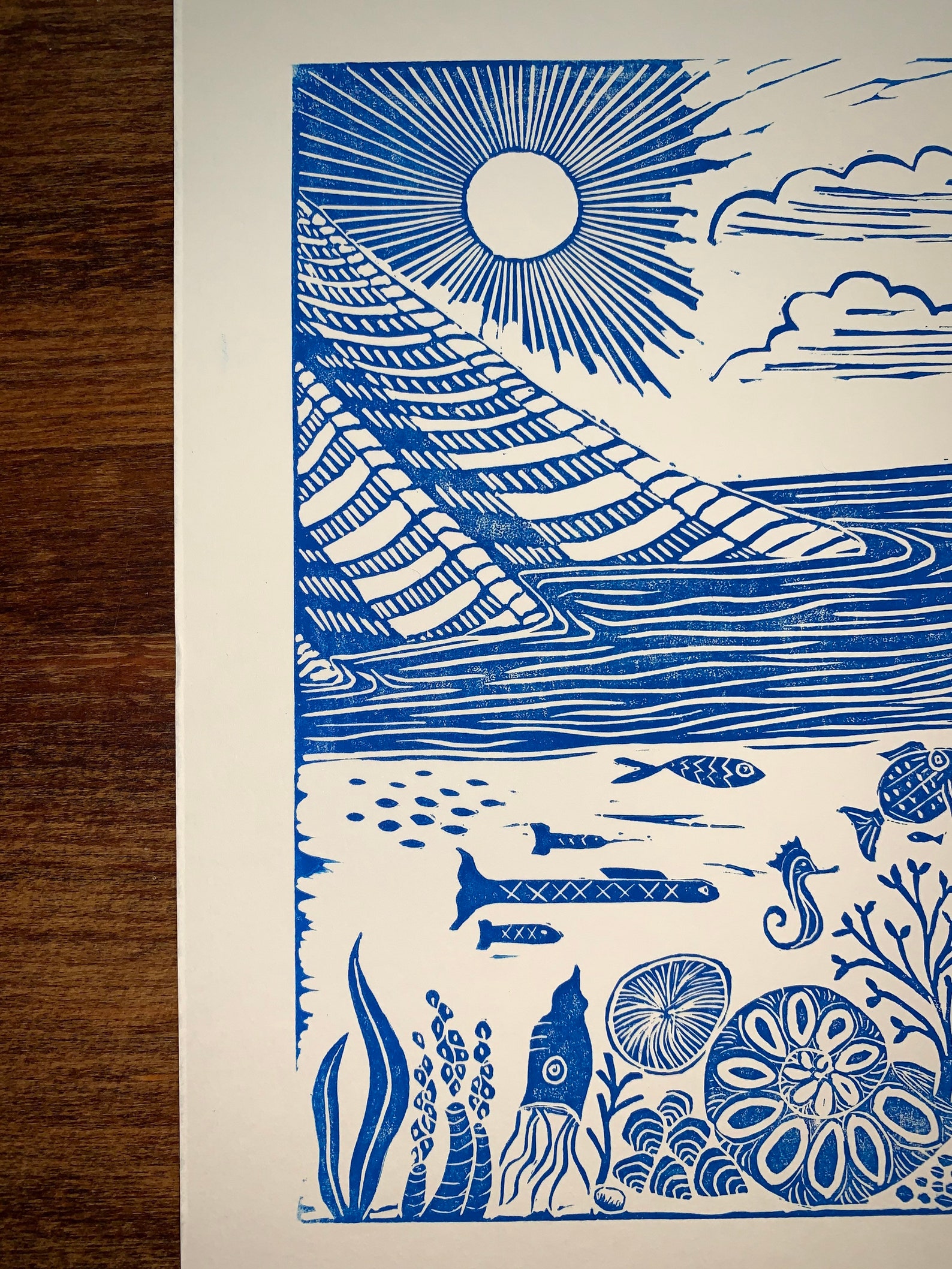 Original Sea life Scenic Linocut block Art Print | Etsy