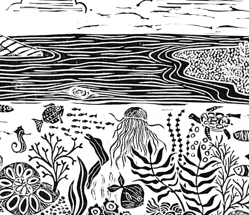 Original Sea Life Scenic Linocut Block Art Print - Etsy Canada