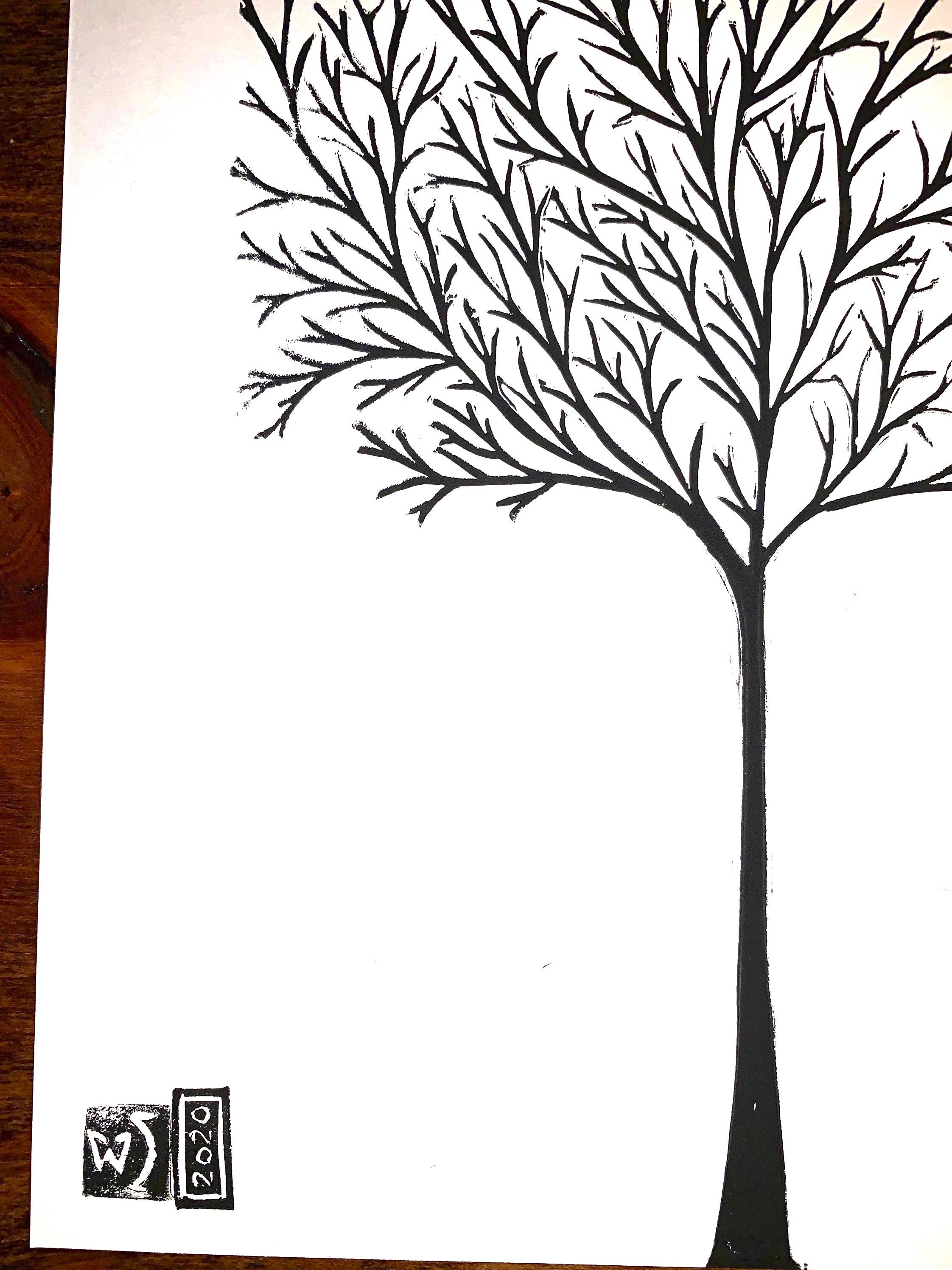 Original Winter Tree Linocut Block Print Black Minimalist - Etsy