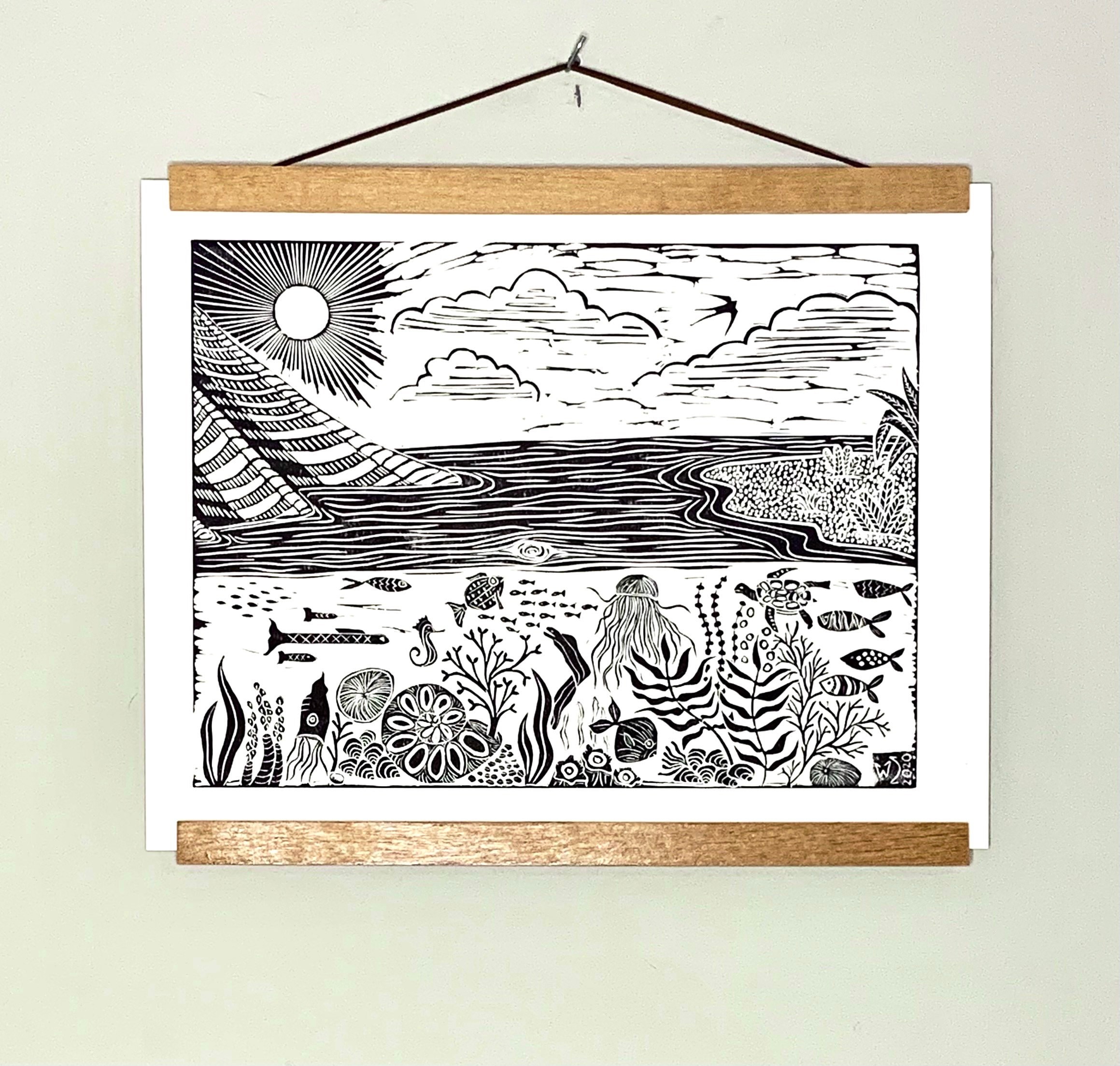 Original Sea Life Scenic Linocut Block Art Print - Etsy