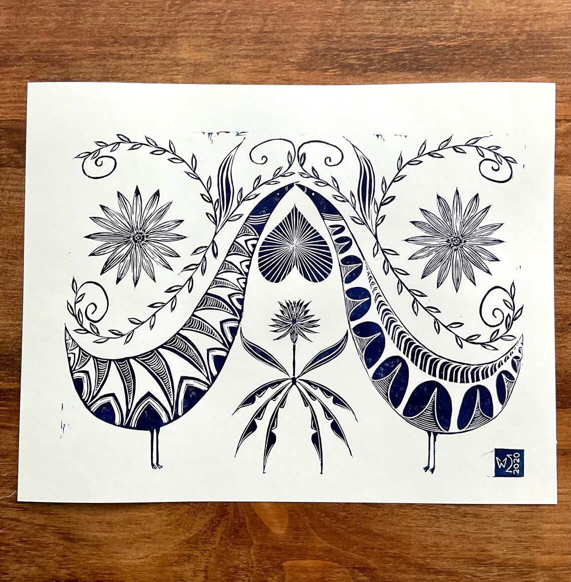 Original Love Birds Folk Linocut Block Art Print - Etsy