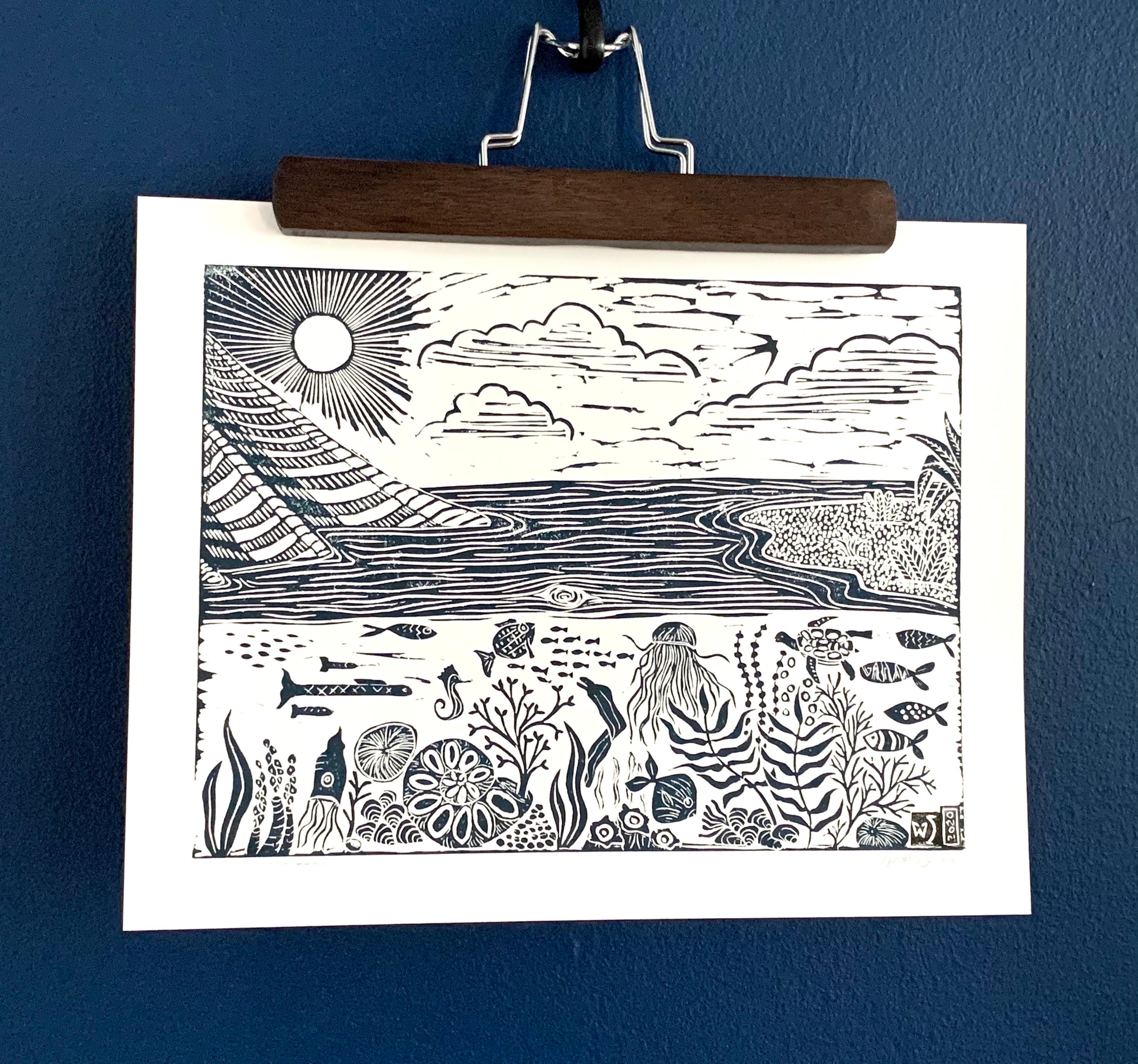 Original Sea life Scenic Linocut block Art Print | Etsy