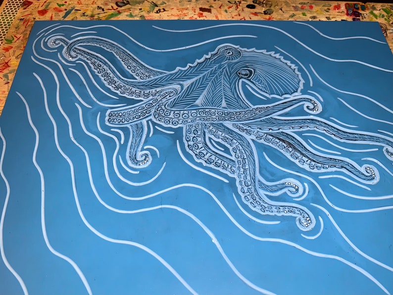 Original Octopus Sea Life Linocut Block Art Print | Etsy