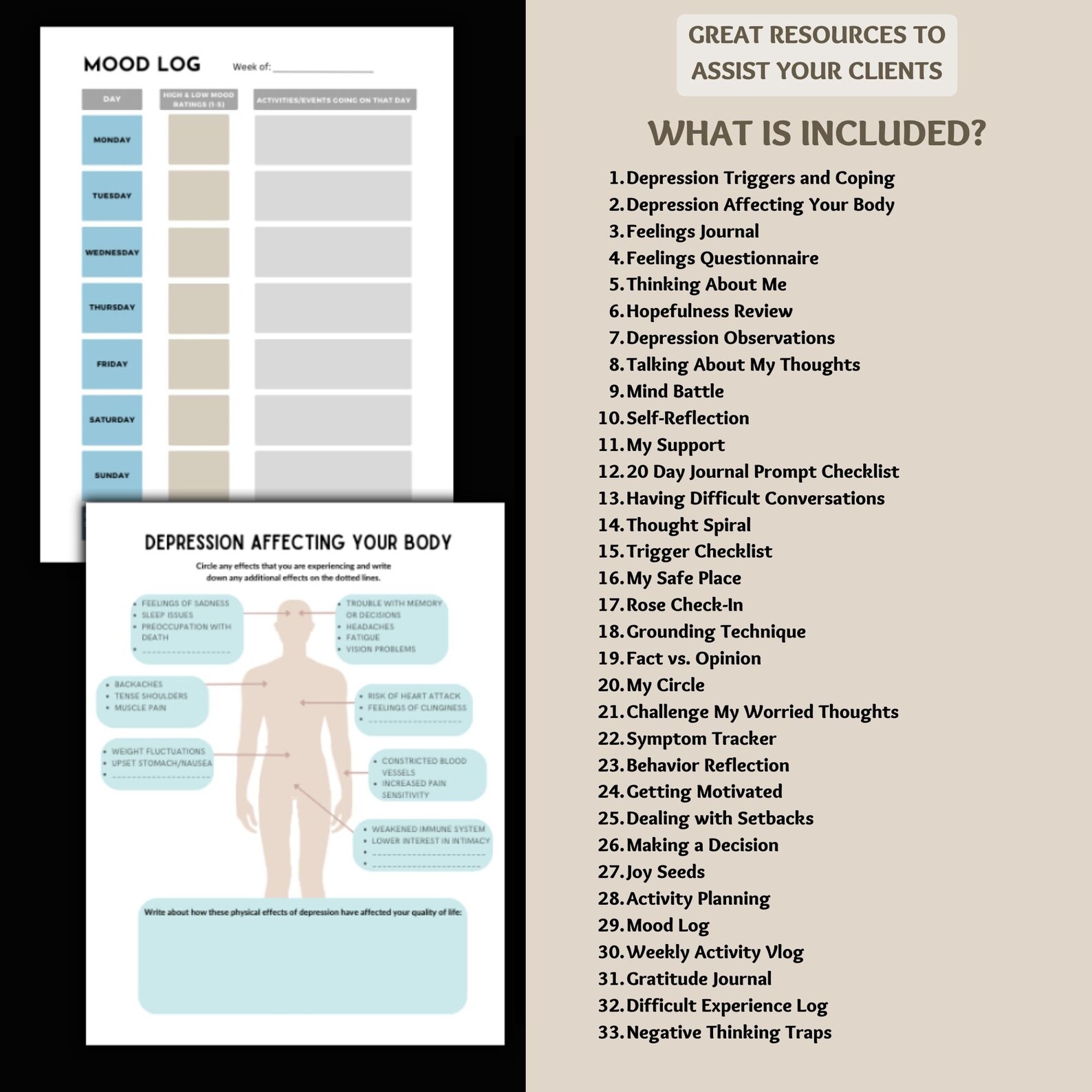 33 Depression Therapy Worksheets Bundle, Therapy Counselor Depression ...