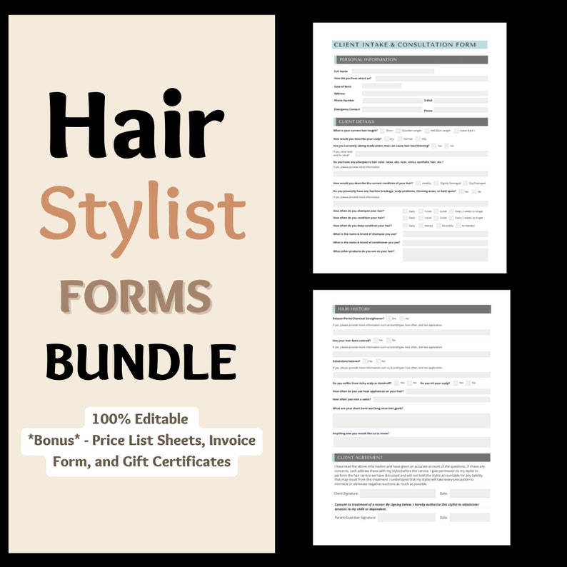 Hair Stylist Forms Bundle, Hair Salon Consent Form, Hair Salon ...