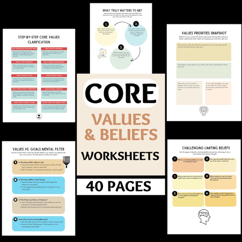 Core Values & Beliefs Worksheets Bundle (40 Pages) Workbook, Mental ...