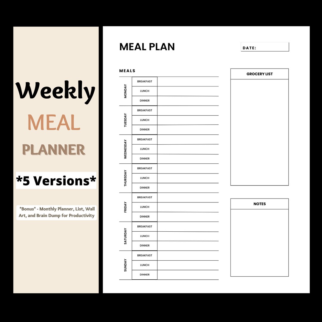 Weekly Meal Planner Printable, Grocery List, Meal Prep Tracker Template ...