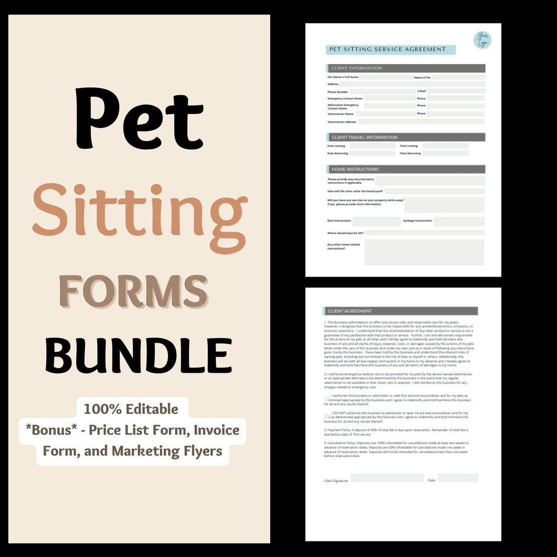 Pet Sitting Service Agreement, Pet Sitting Business Forms, Pet Sitting ...