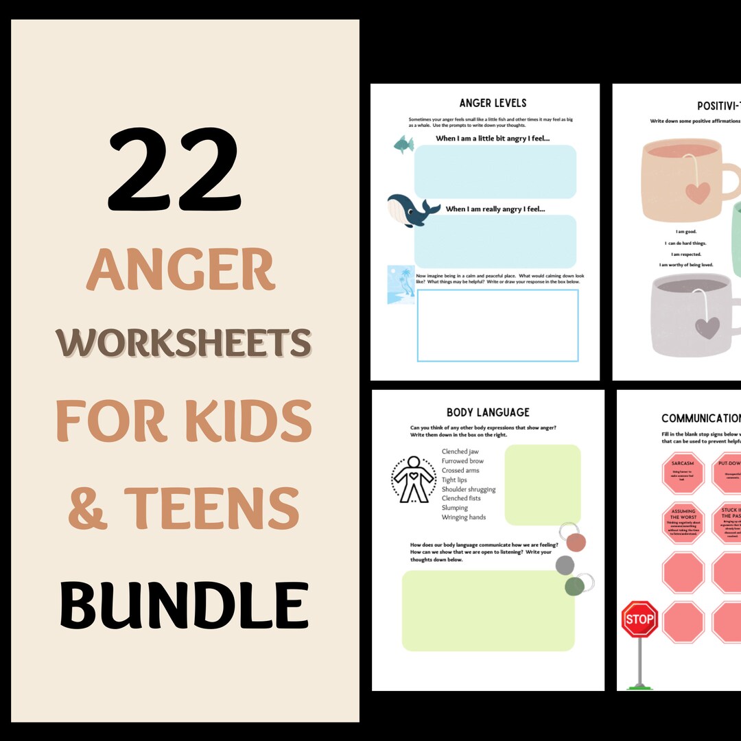 22 Anger Management Worksheets Therapy Bundle for Teens & Kids ...