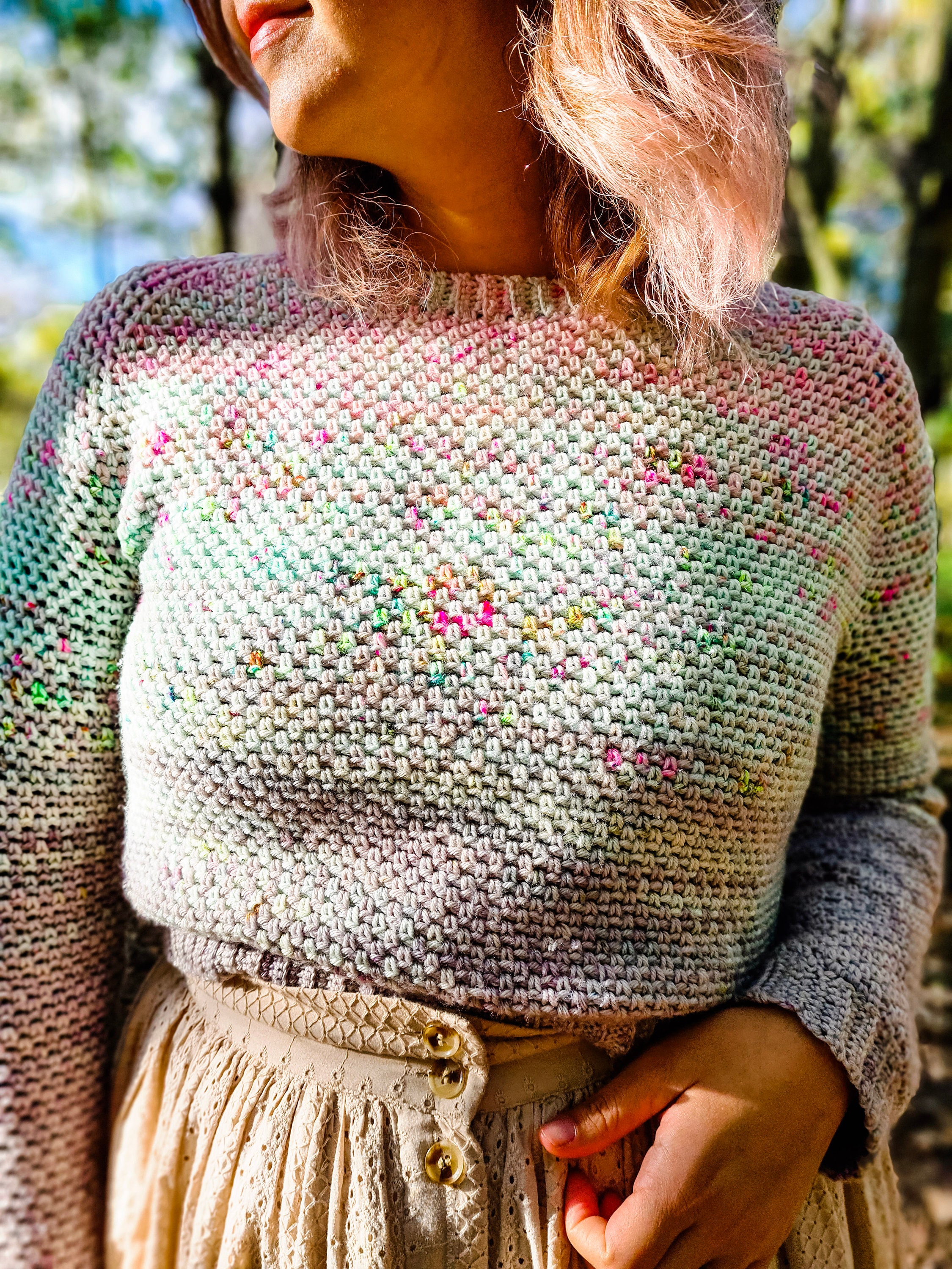Confetti DK Pullover Adult Crochet Pattern > Cropped Raglan Confetti DK Pullover Adult Crochet Pattern > Cropped Raglan