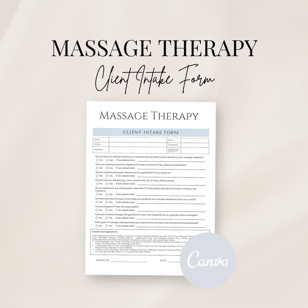 Massage Therapy Client Intake Form Template, Editable Consultation Form ...