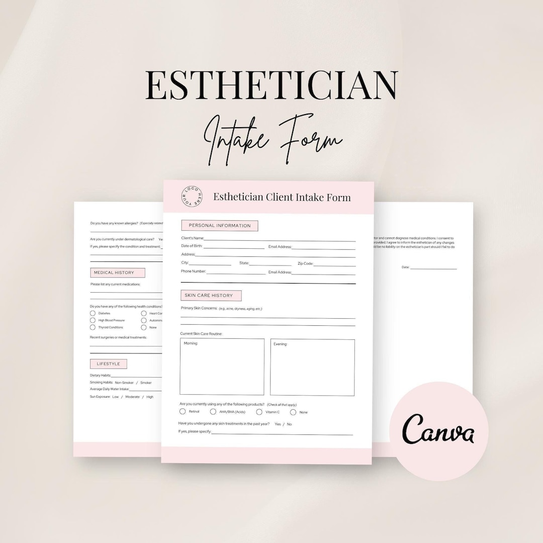 Esthetician Intake Form Template, Editable Esthetician Consultation ...