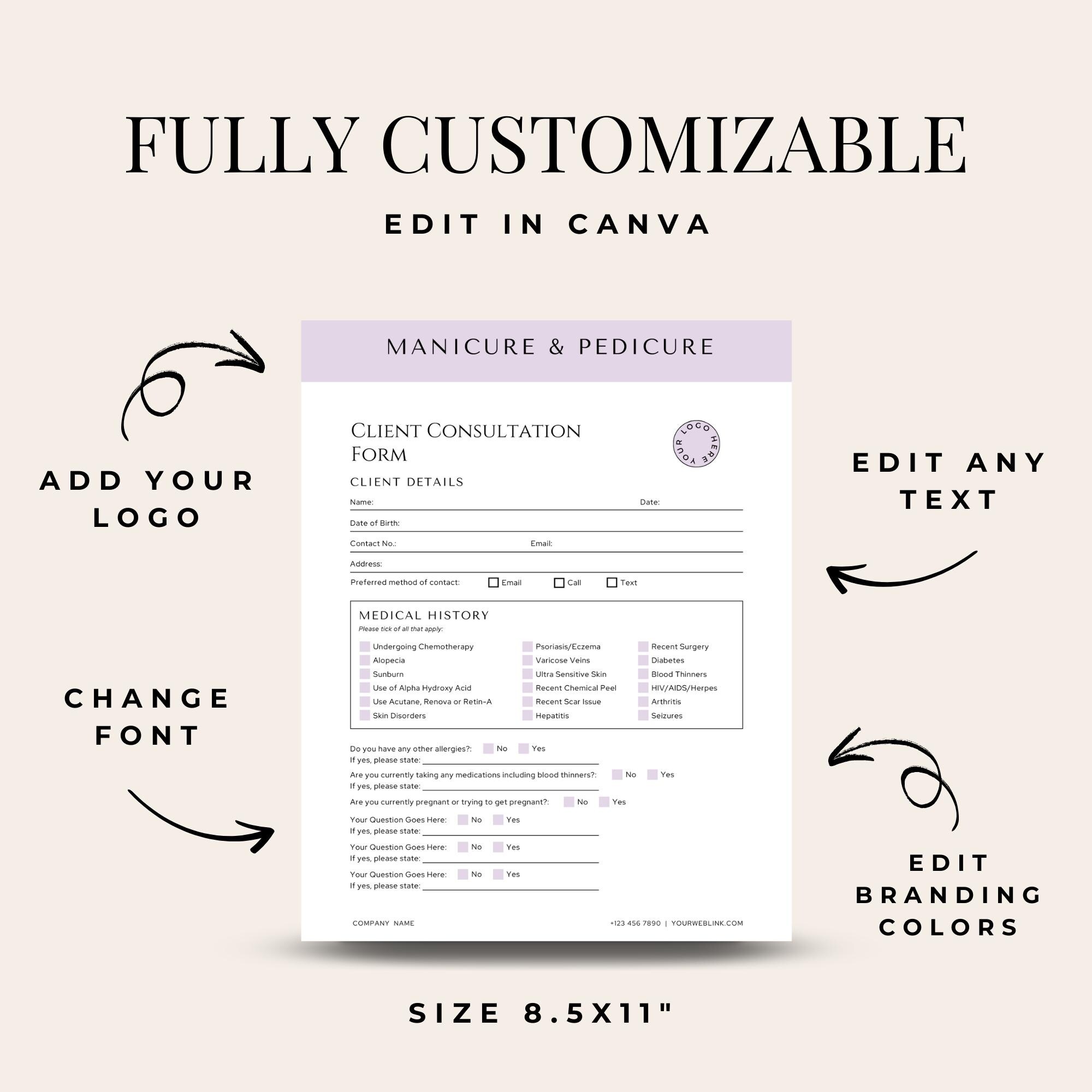 Nail Technician Bundle, Editable Client Intake Form, Consultation Form ...