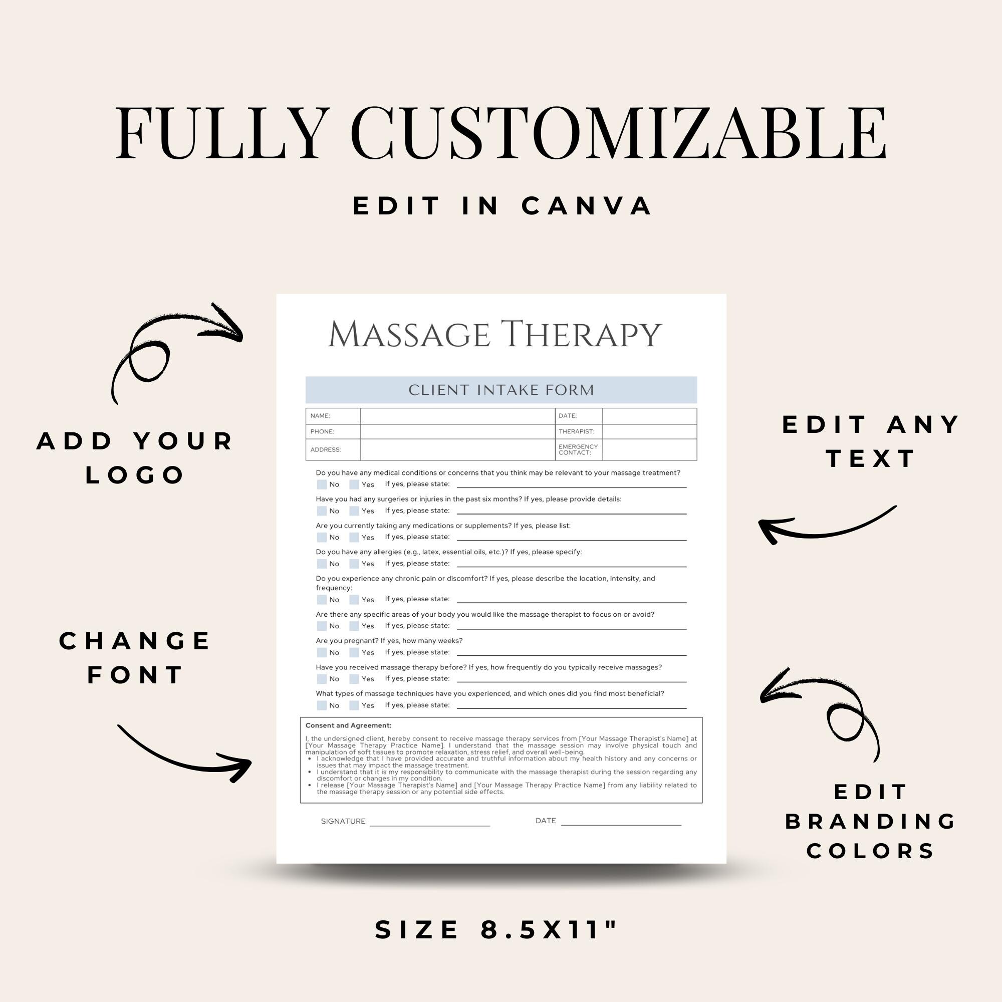 Massage Therapy Client Intake Form Template, Editable Consultation Form ...